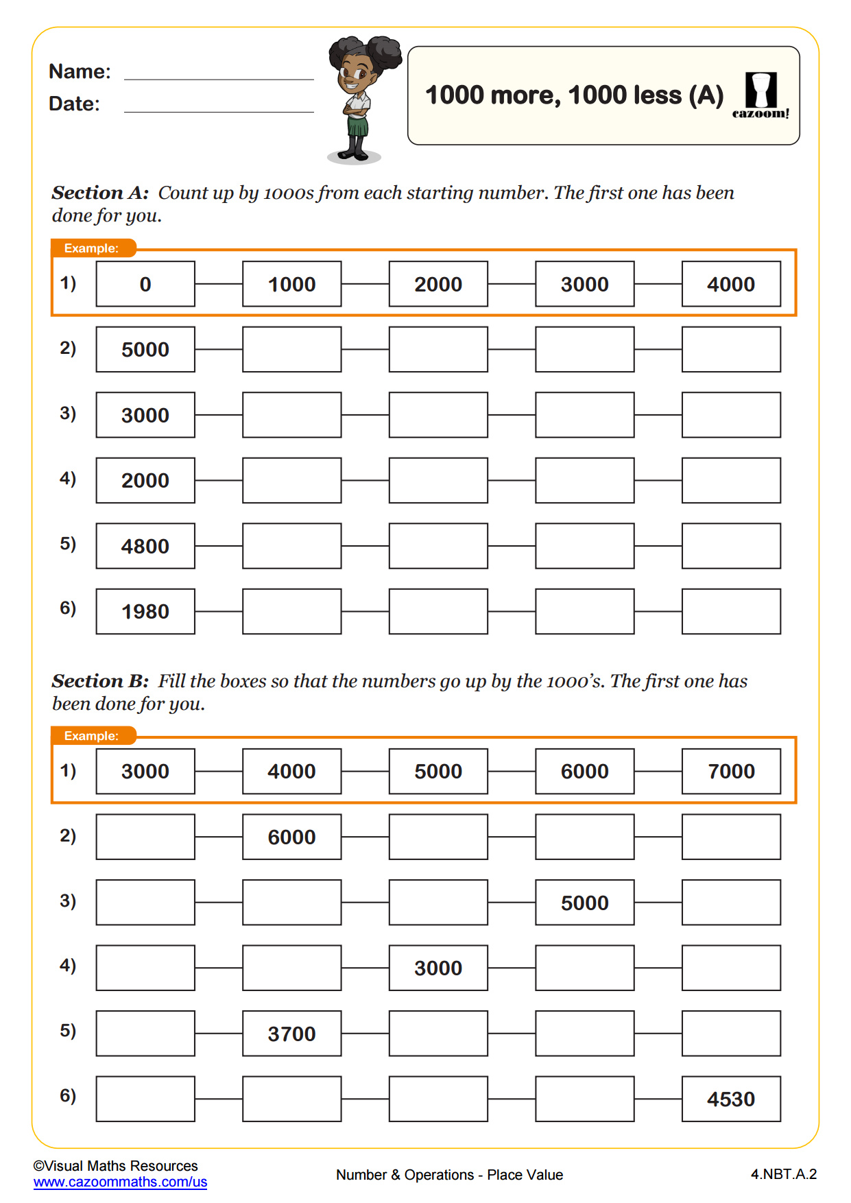 1000 More 1000 Less (A) | Fun and Engaging 4th Grade PDF Worksheets