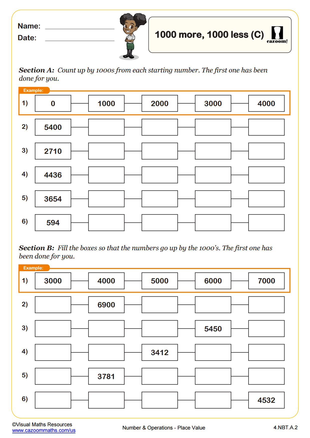 1000 More 1000 Less (C) | PDF printable Number and Operations Worksheets