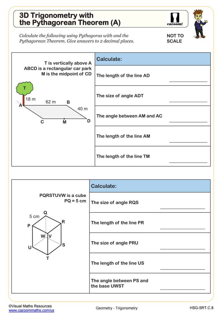 3D Trigonometry with the Pythagorean Theorem (A) Worksheet | Algebra II PDF Worksheets