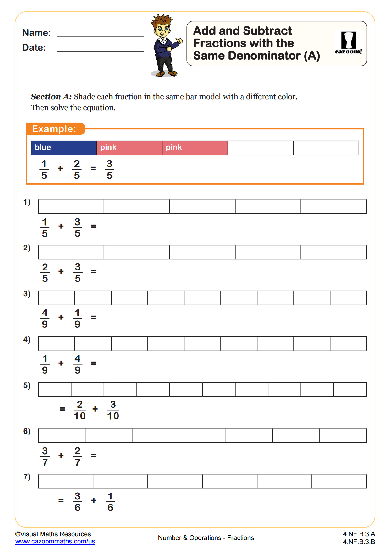 Add and Subtract Fractions with the Same Denominator (A) | Fun and ...
