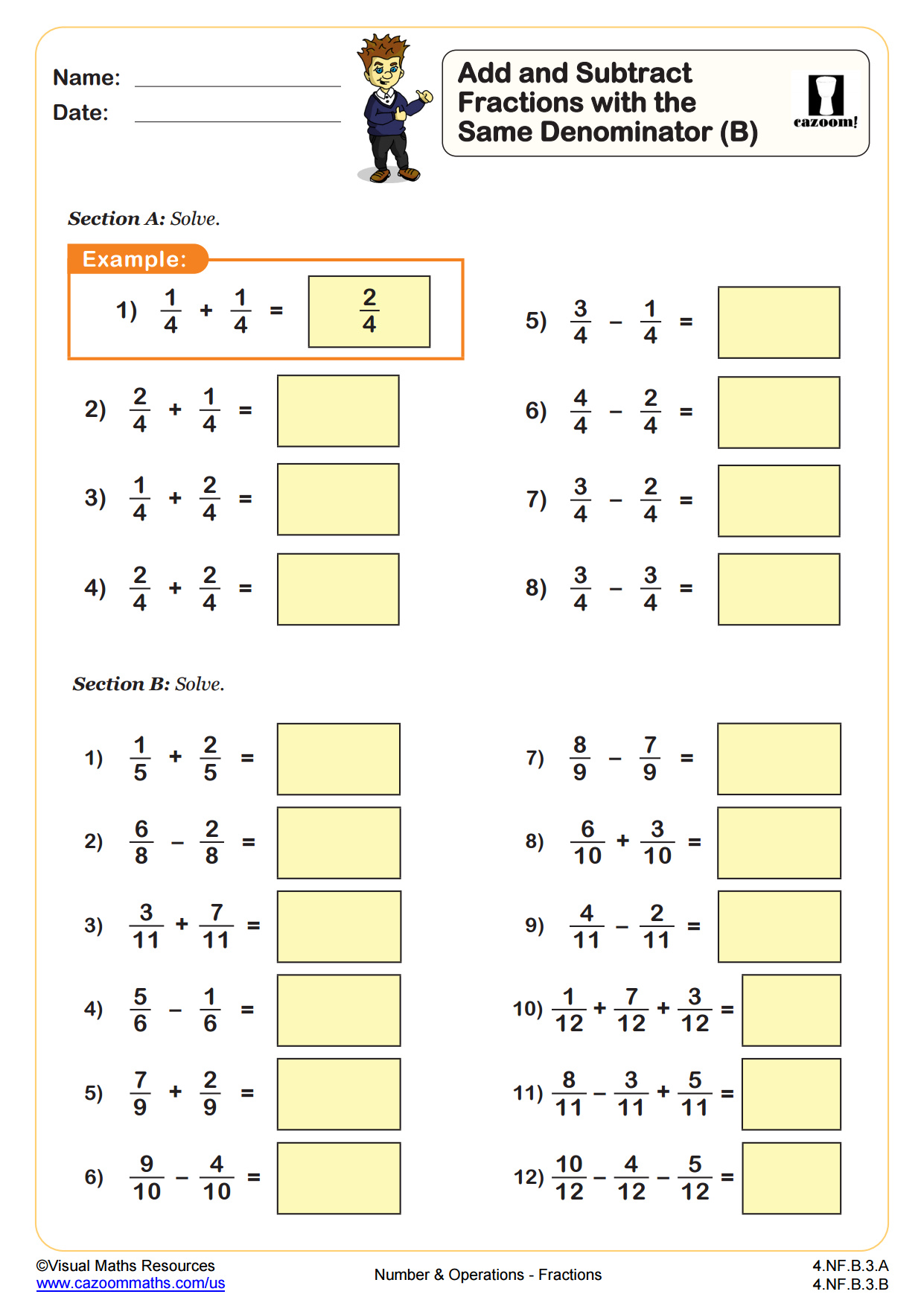 Add and Subtract Fractions with the Same Denominator (A) | Fun and ...