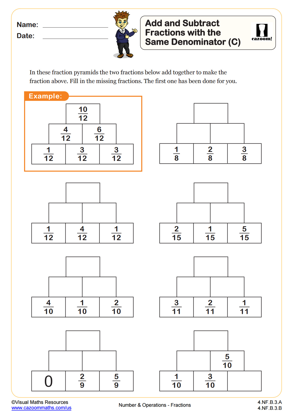 Add and Subtract Fractions (C) | PDF printable Number and Operations ...