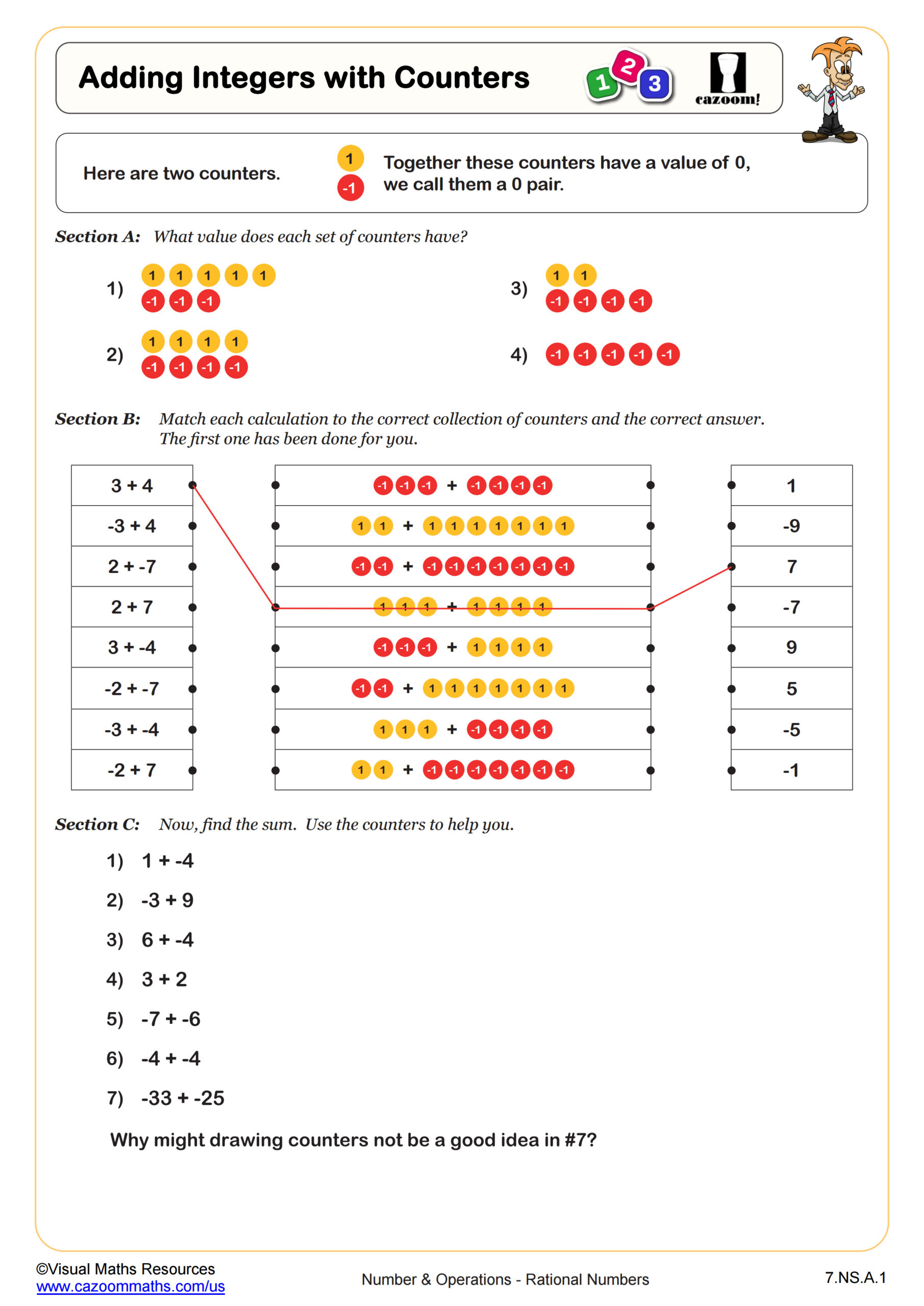 Adding Integers with Counters Worksheet | PDF Printable Number & Operations Worksheet | Cazoom Math