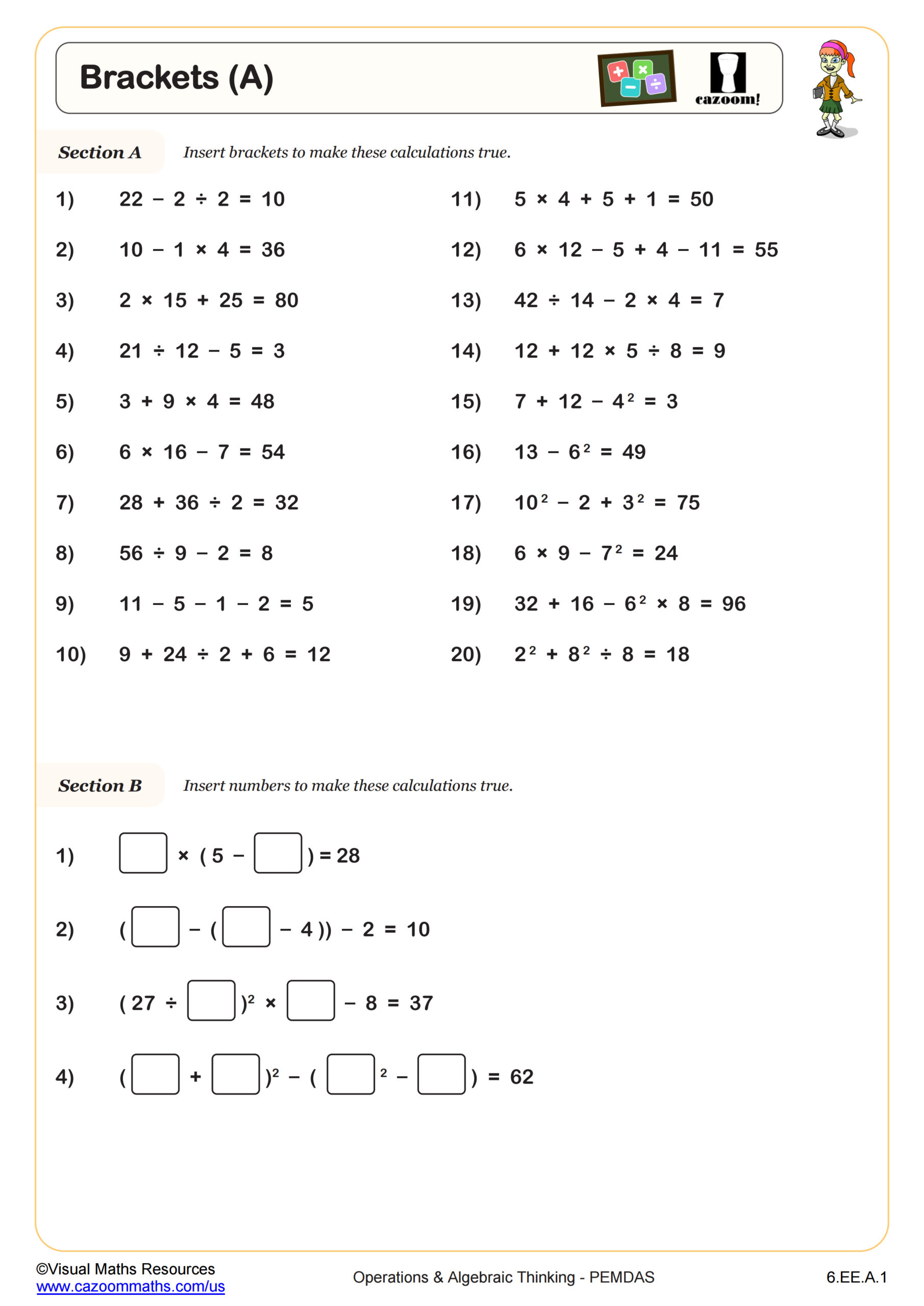 Adding Parentheses (A) Worksheet | 6th Grade PDF Worksheets Adding Parentheses (A) Worksheet | 6th Grade PDF Worksheets