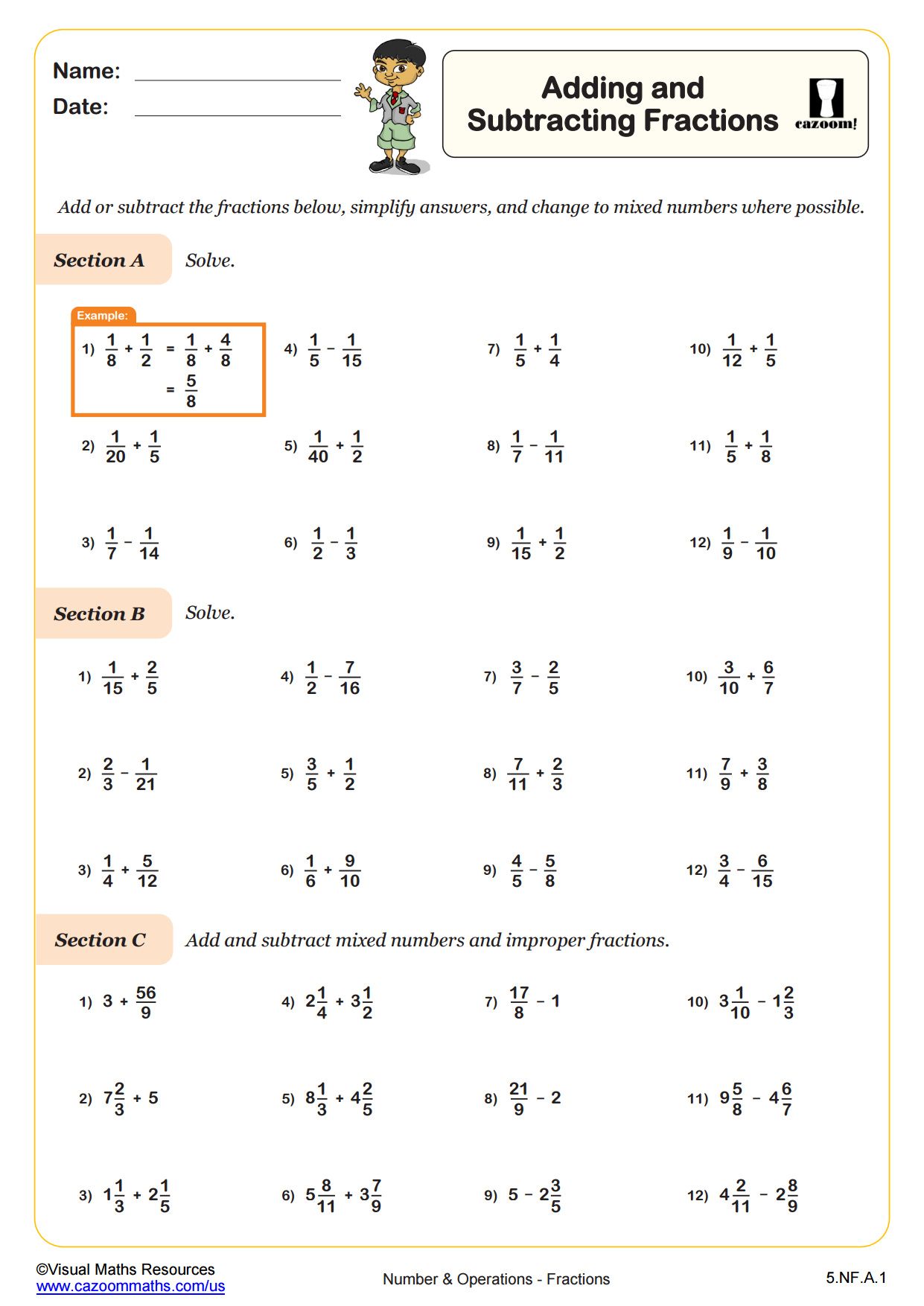 Adding and Subtracting Fractions | PDF printable Number and Operations ...