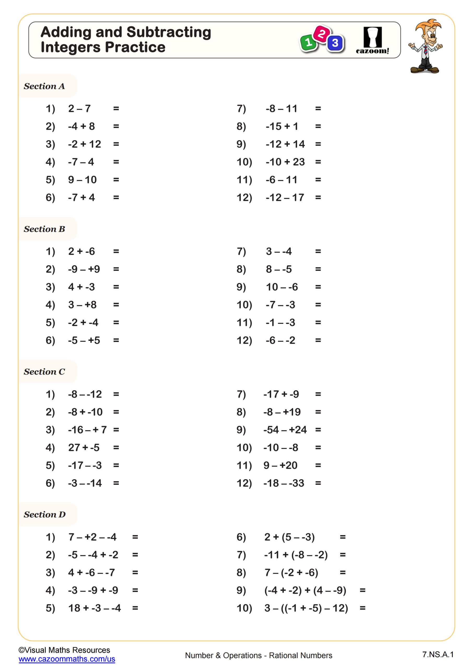 Adding and Subtracting Integers Practice Worksheet | 7th Grade PDF ...