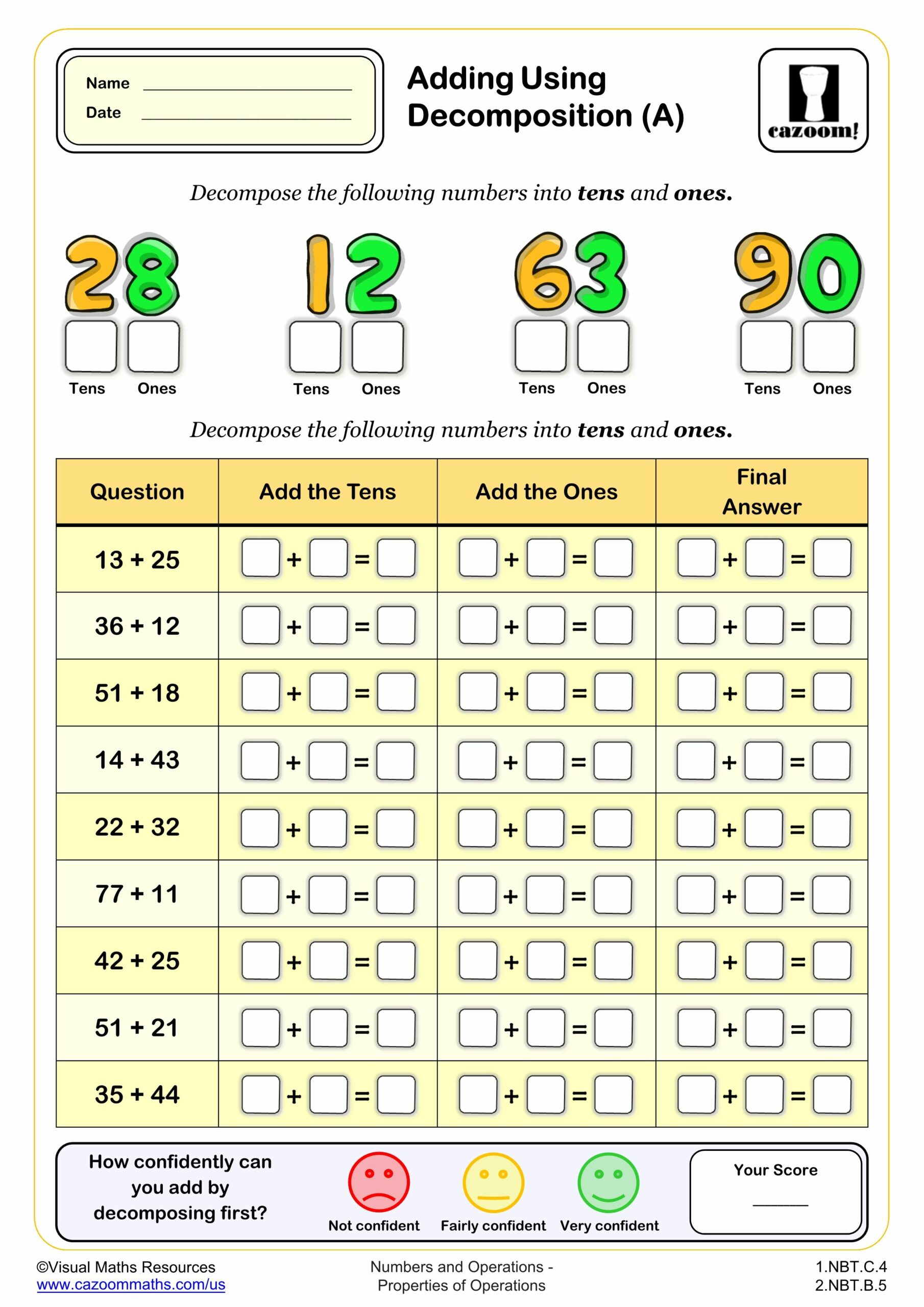Addition using Decomposition (A) | 1st Grade PDF Addition Worksheets ...