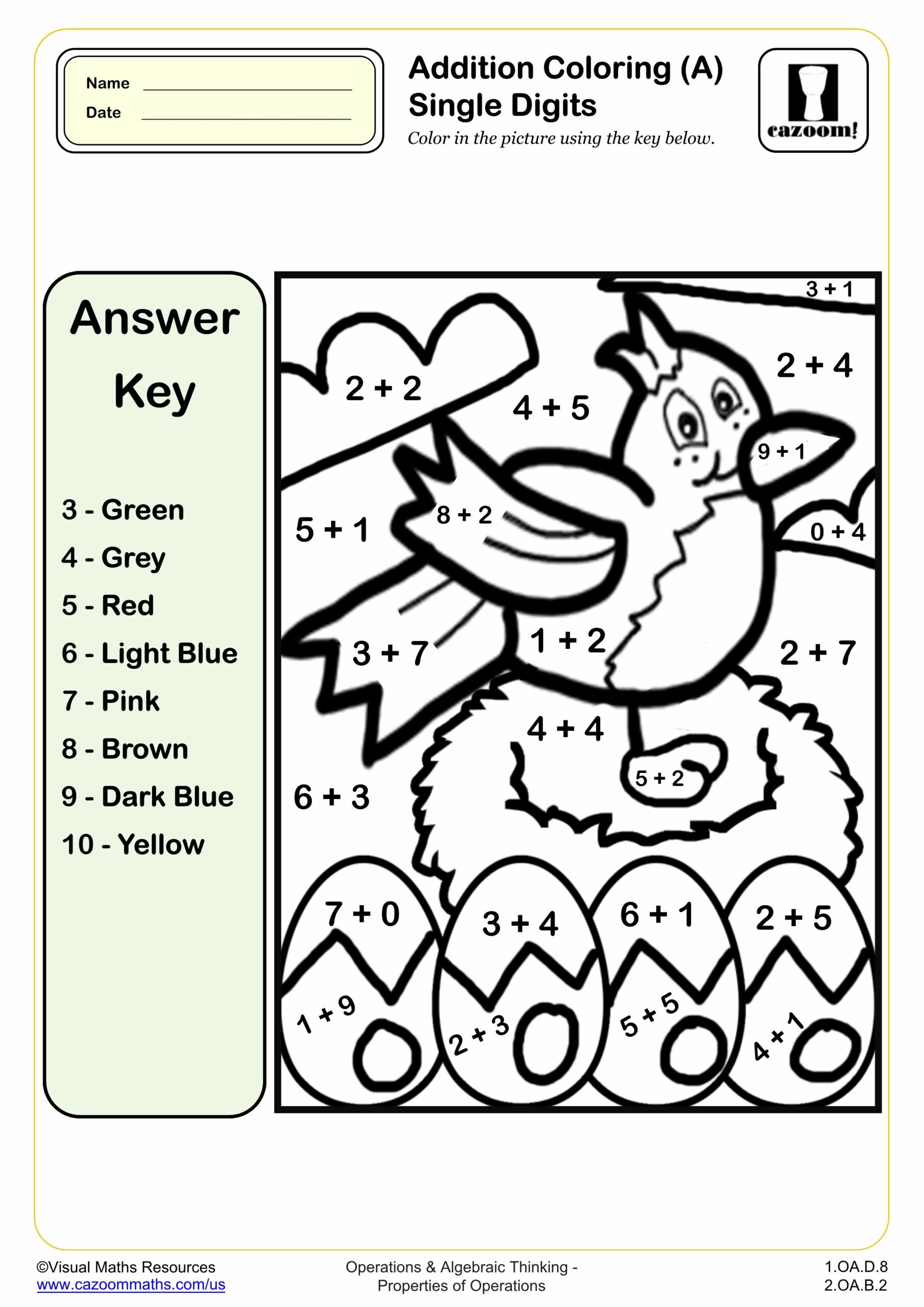 Addition Coloring (A) Single Digits | 1st Grade PDF Addition Worksheets ...
