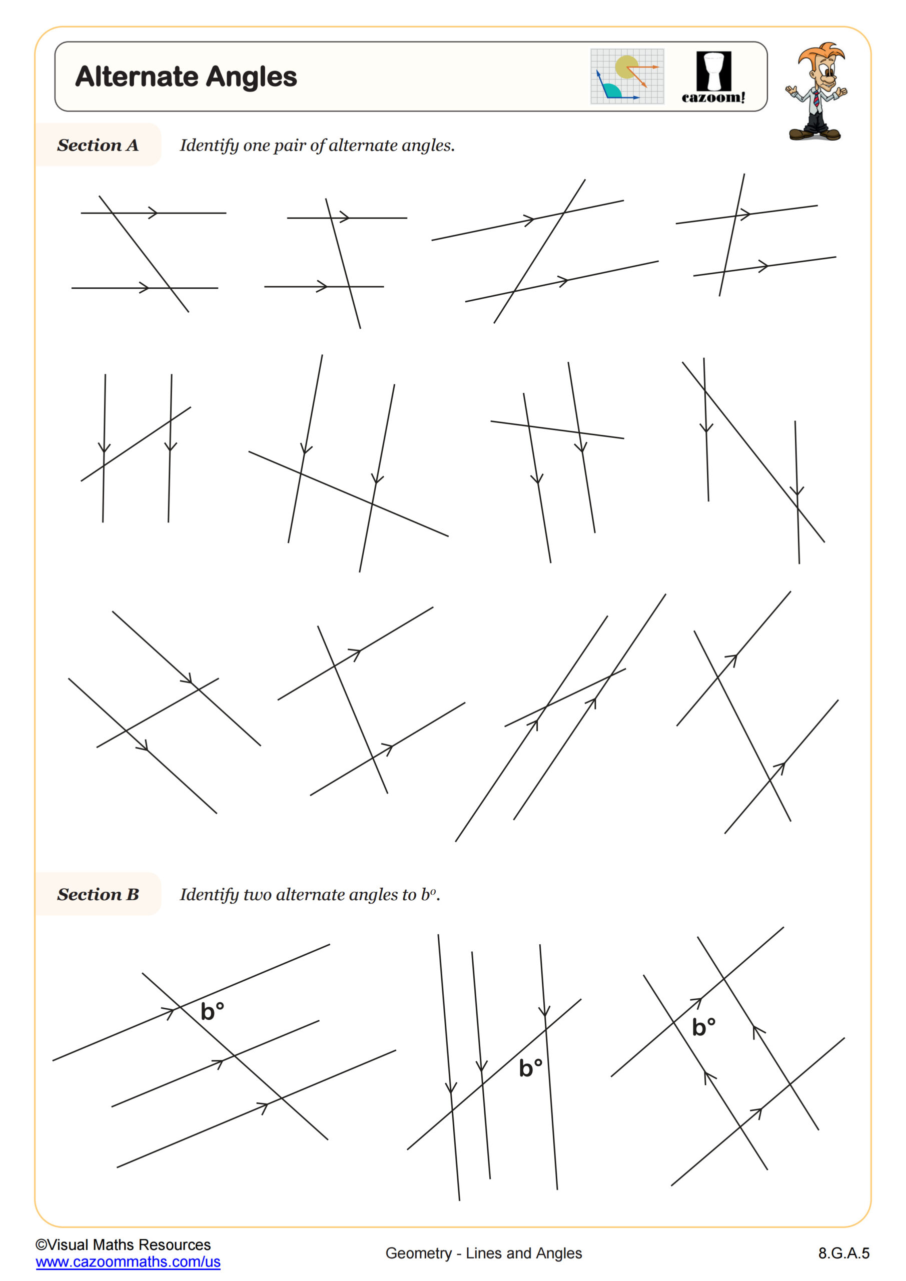 Calculating Angles on Parallel Lines with Transversals (A) Worksheet ...
