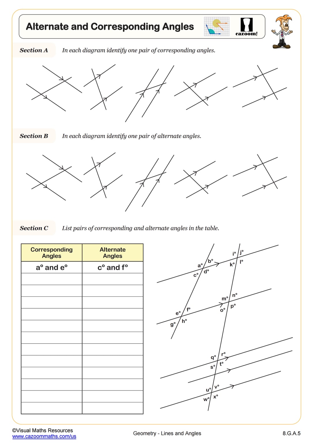 Alternate and Corresponding Angles (A) Worksheet | 8th Grade PDF Worksheets
