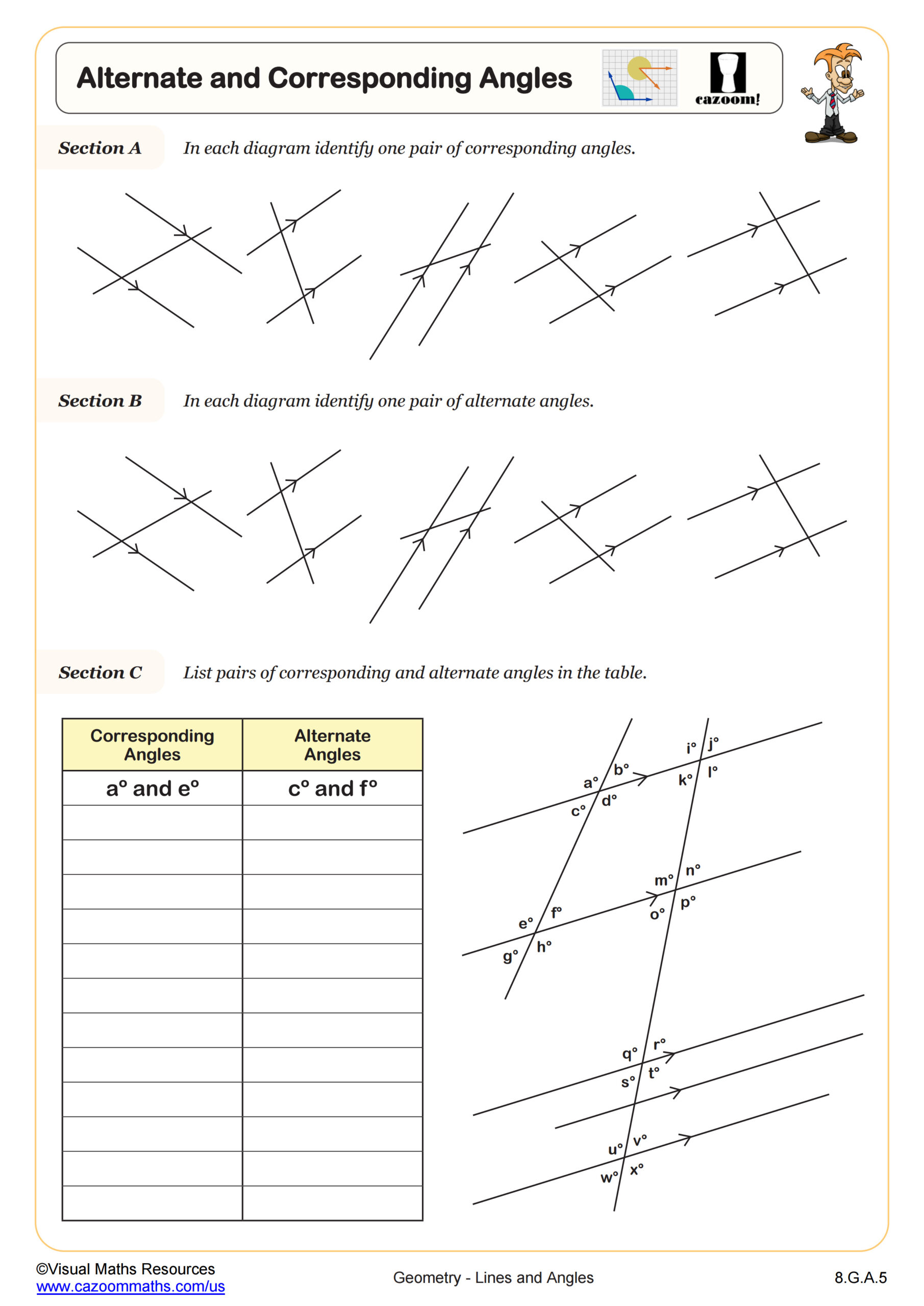 Alternate and Corresponding Angles (A) Worksheet | 8th Grade PDF ...