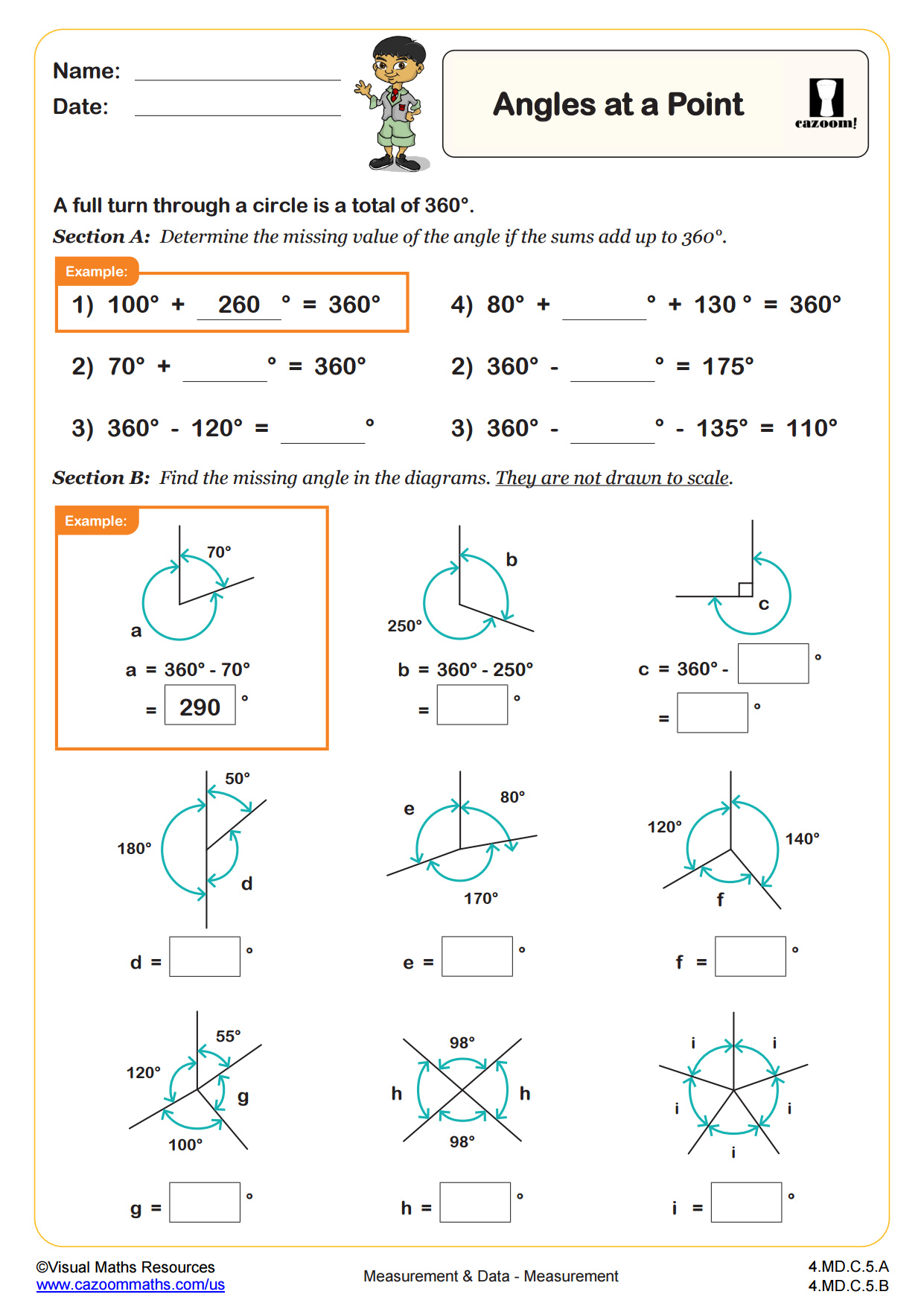 Angles at a Point | 4th Grade PDF Measurement and Data Worksheets