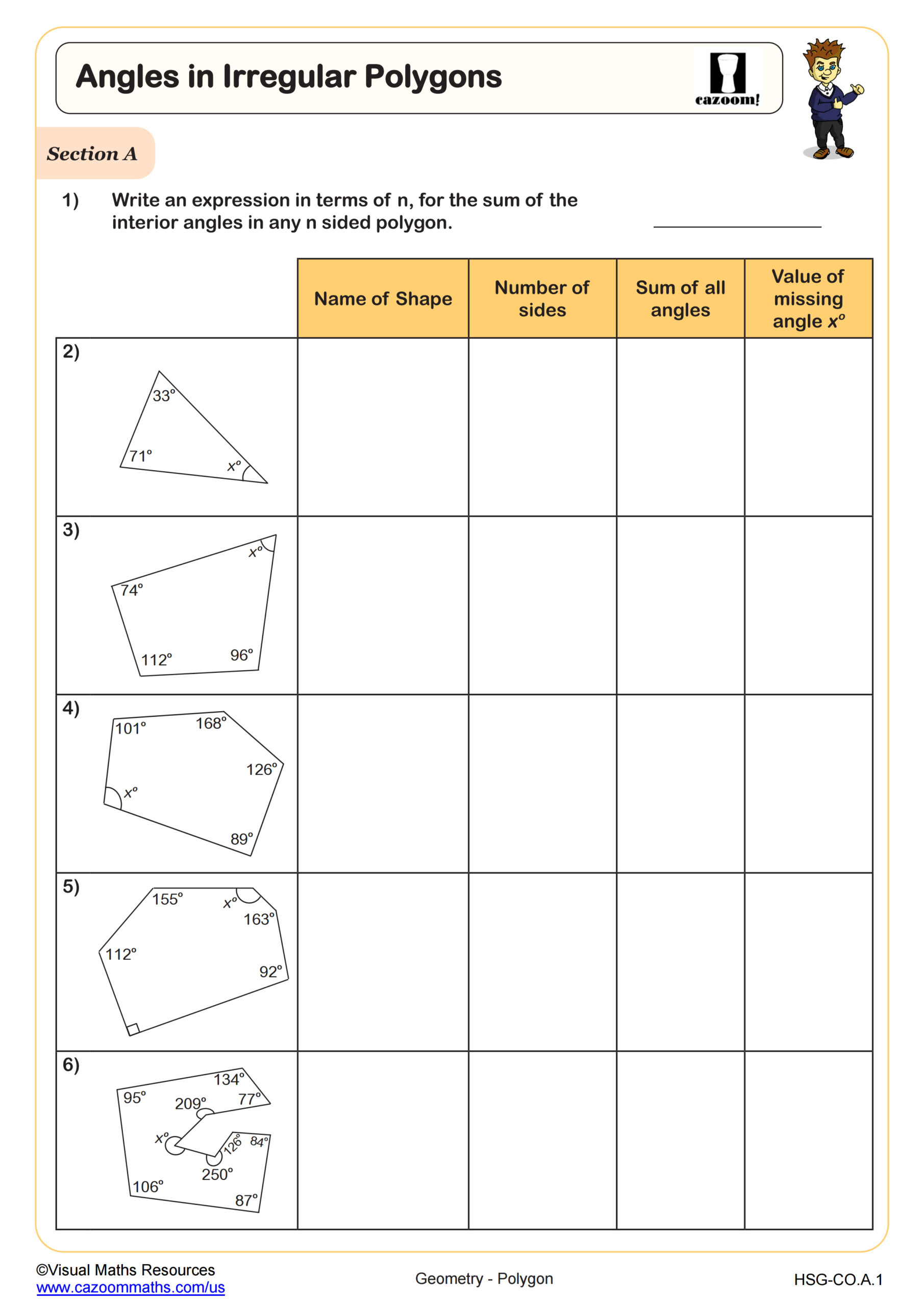 Angles in Irregular Polygons Worksheet | PDF Printable Geometry Worksheet | Cazoom Math