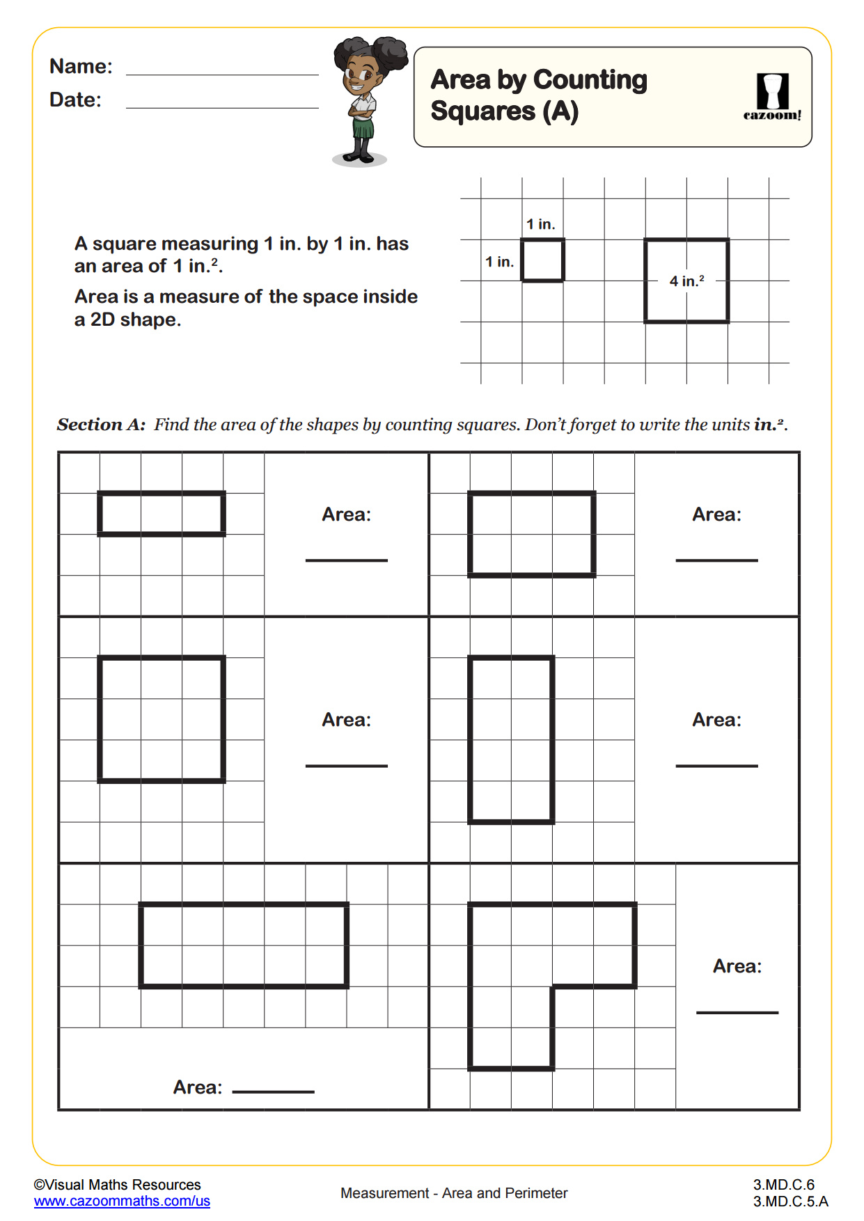 Area by Counting Squares (A) | 3rd Grade PDF Measurement Worksheets