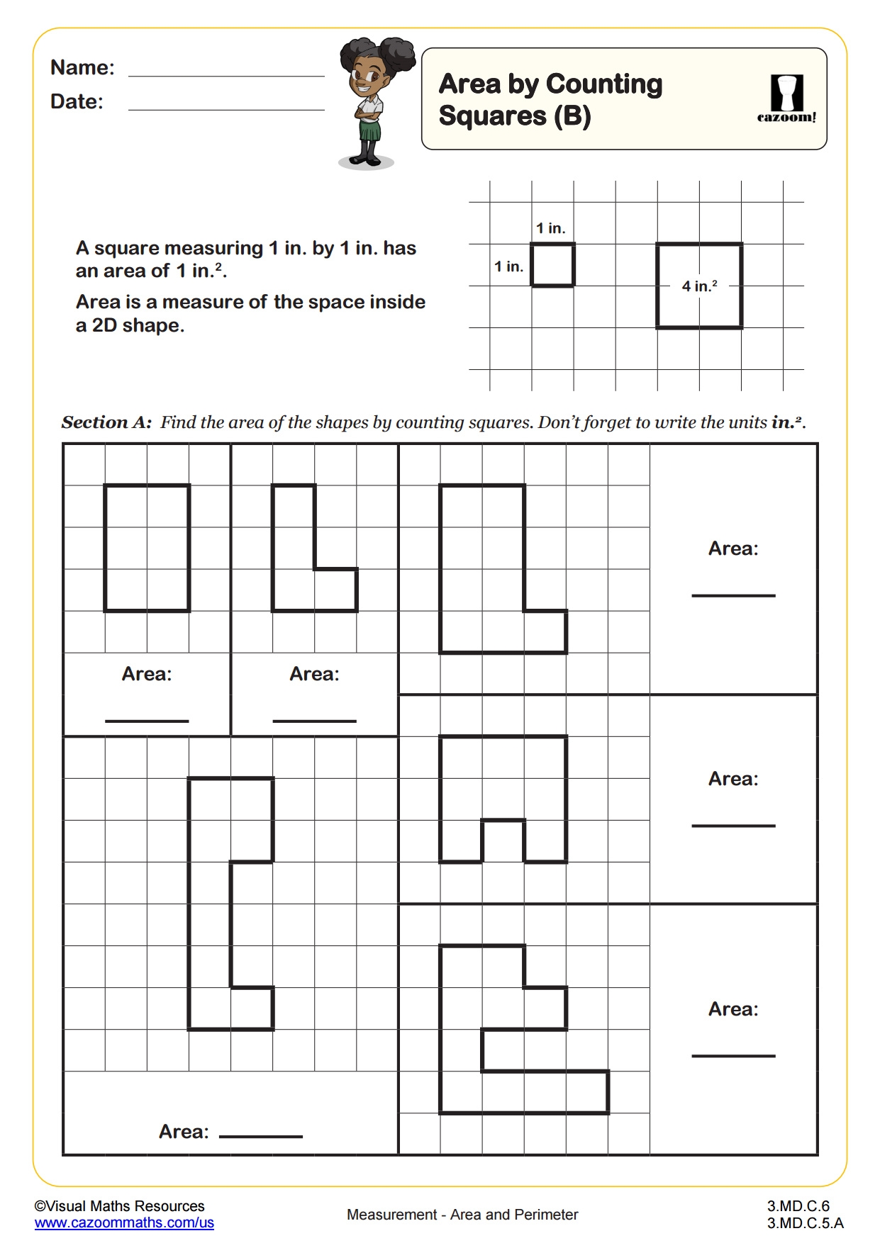Area by Counting Squares (B) | PDF printable Measurement Worksheets ...