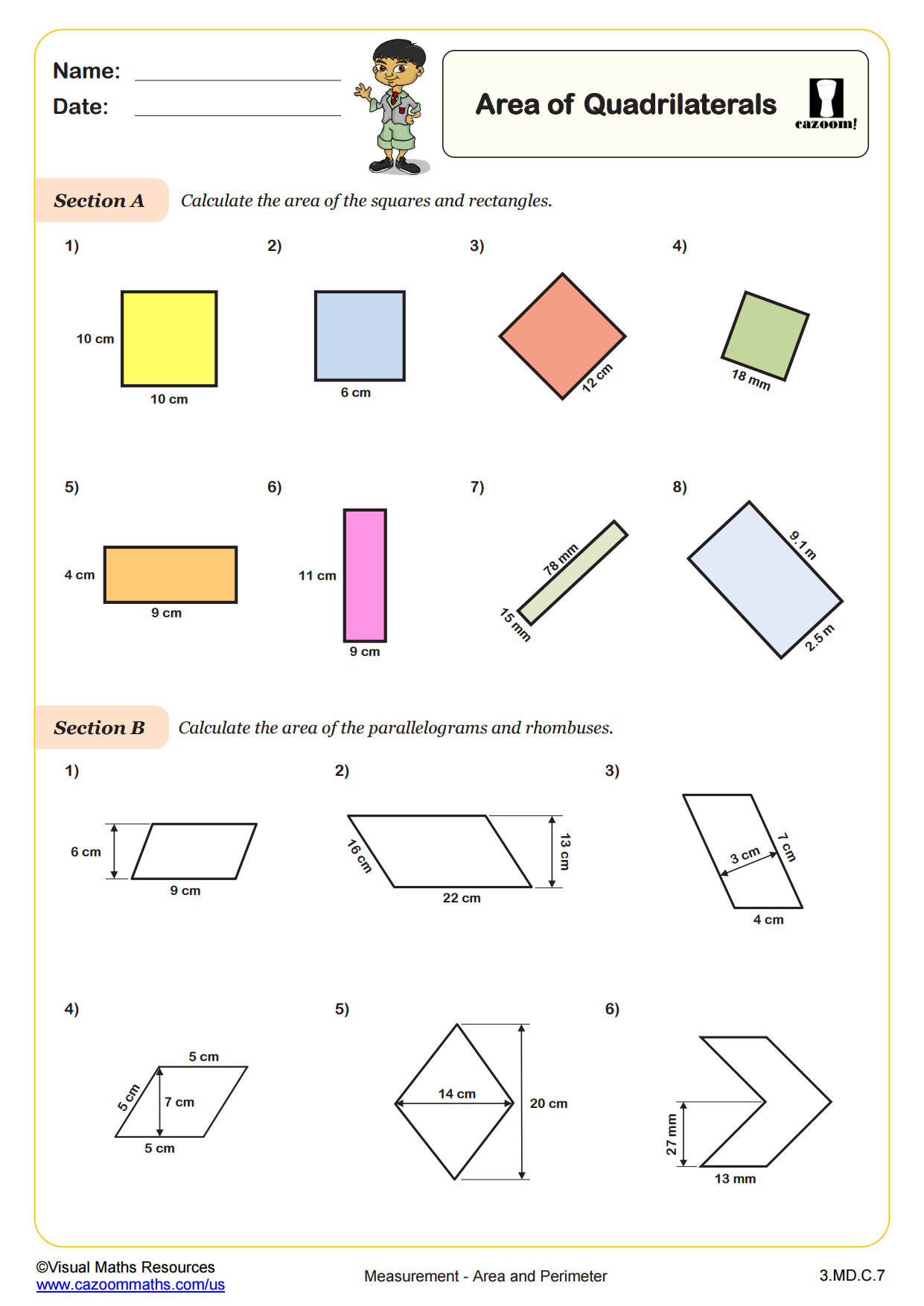 Area of Quadrilaterls (A) | Fun and Engaging 3rd Grade PDF Worksheets