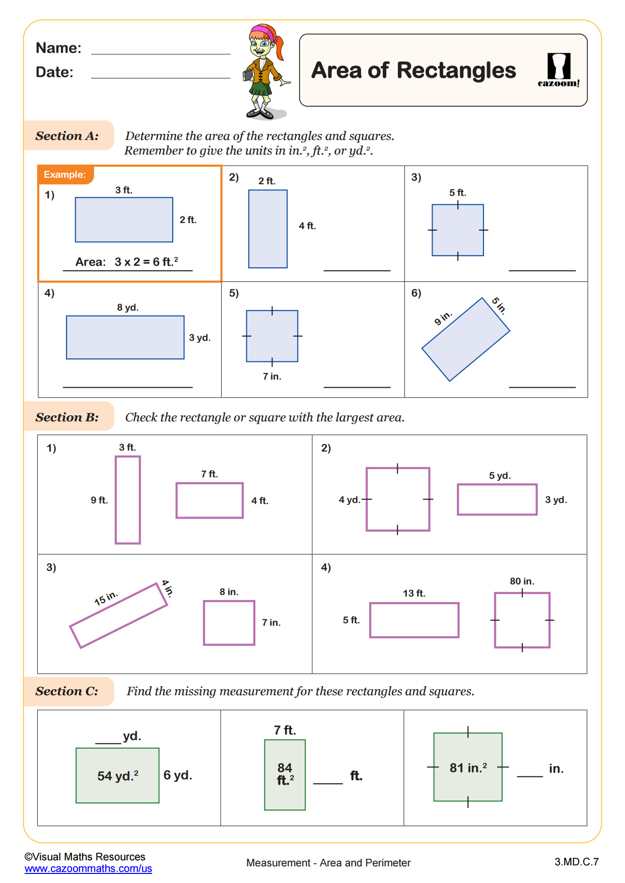Area of Rectangles | 3rd Grade PDF Measurement Worksheets