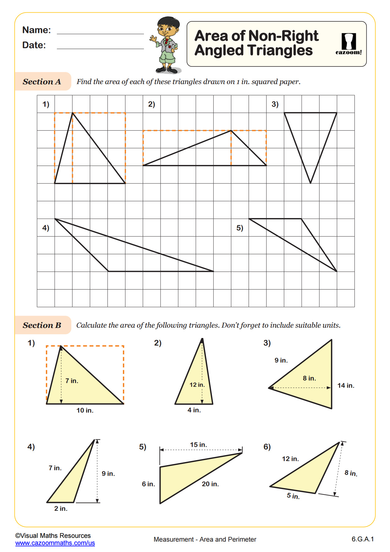 Area of Right Angled Triangles | 6th Grade PDF Measurement Worksheets