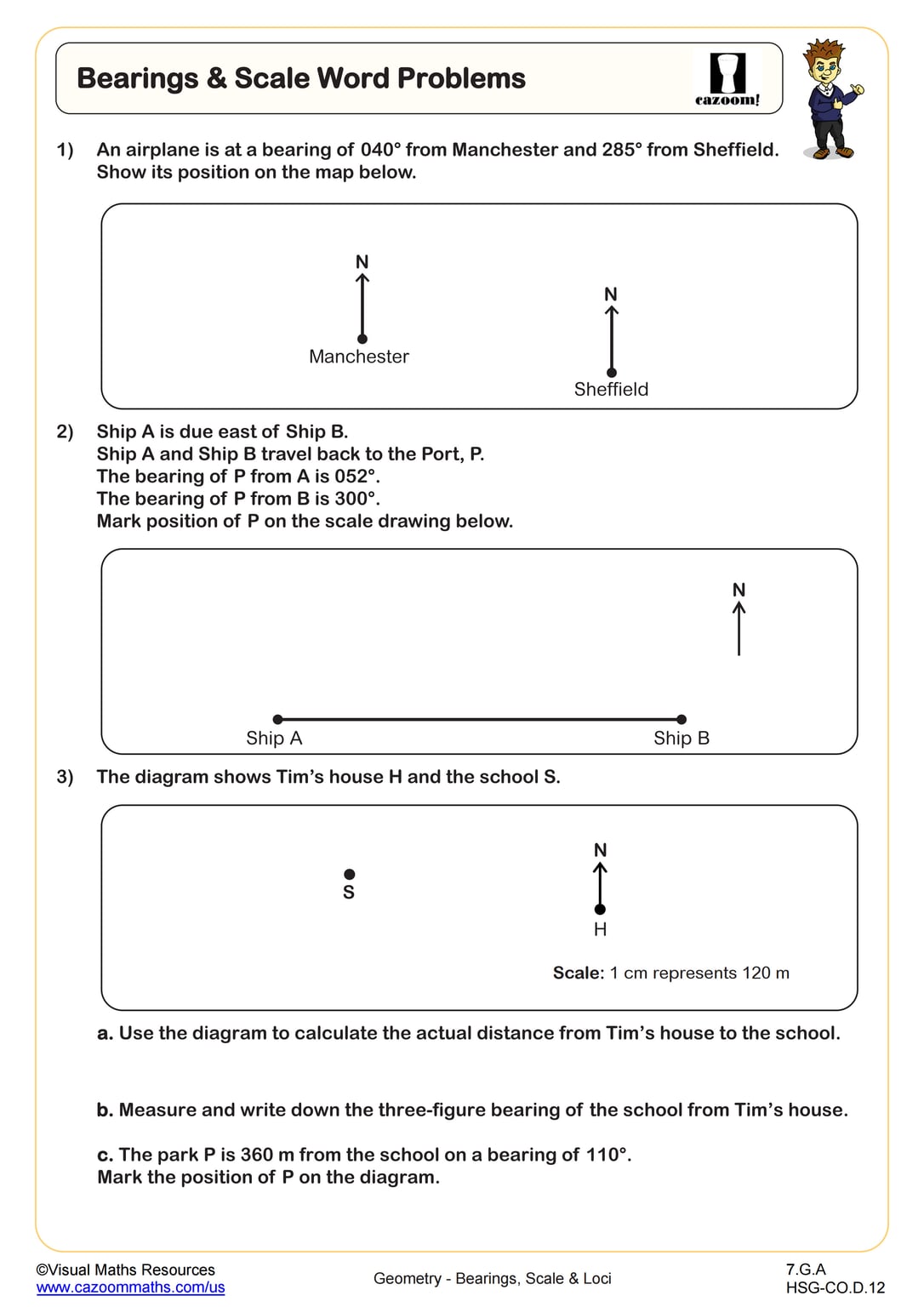 Bearings and Scale Word Problems Worksheet | 7th Grade PDF Worksheets