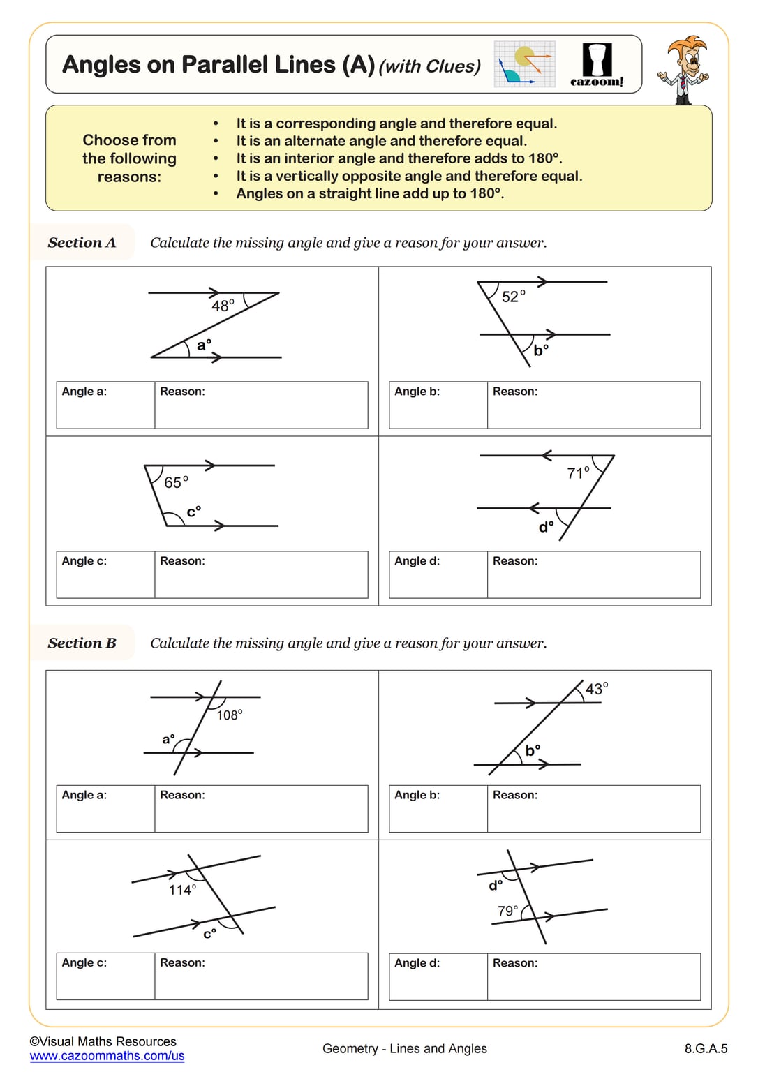 Calculating Angles on Parallel Lines with Transversals (B) Worksheet ...