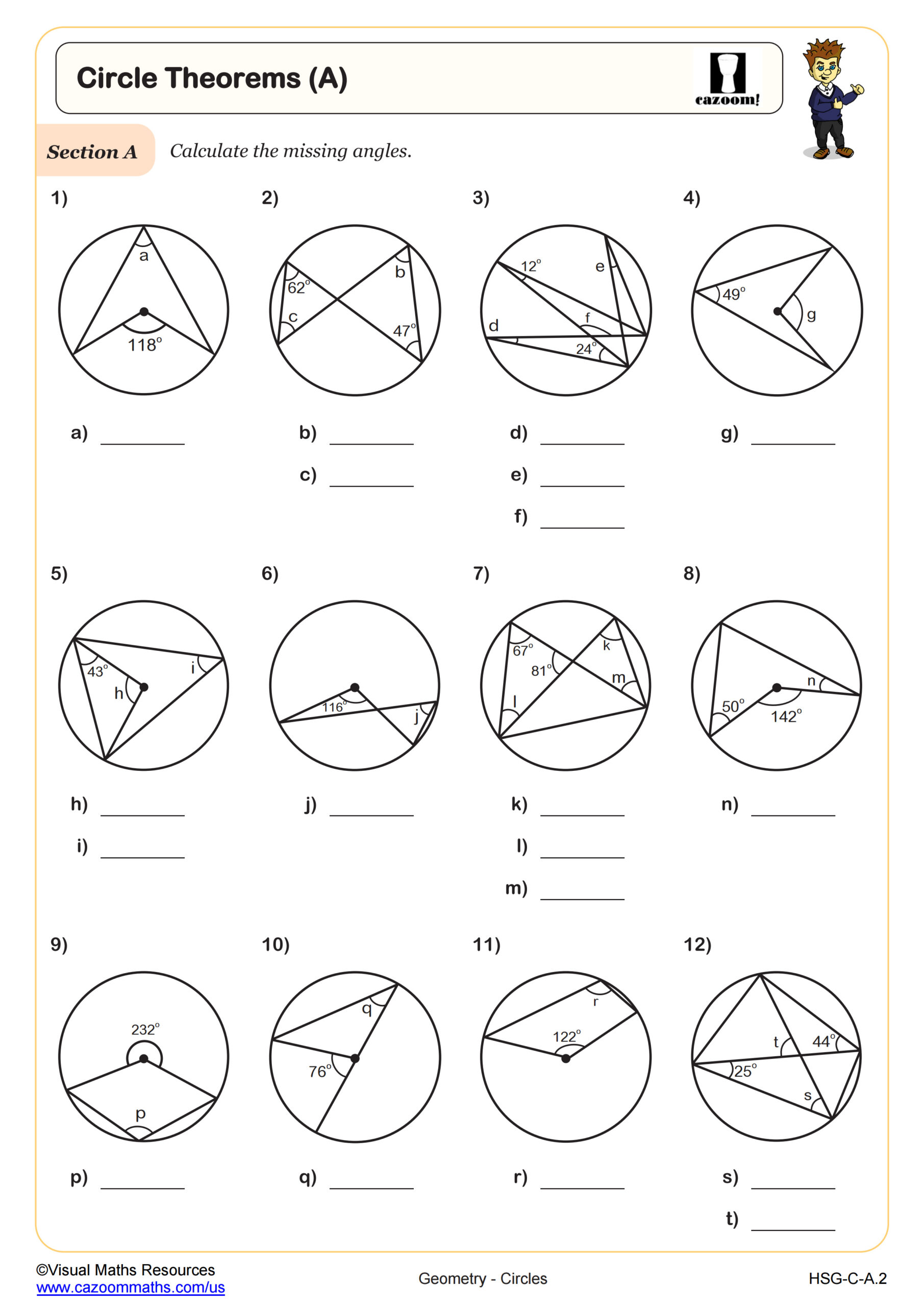 Circle Theorems (A) Worksheet | PDF Printable Geometry Worksheet ...