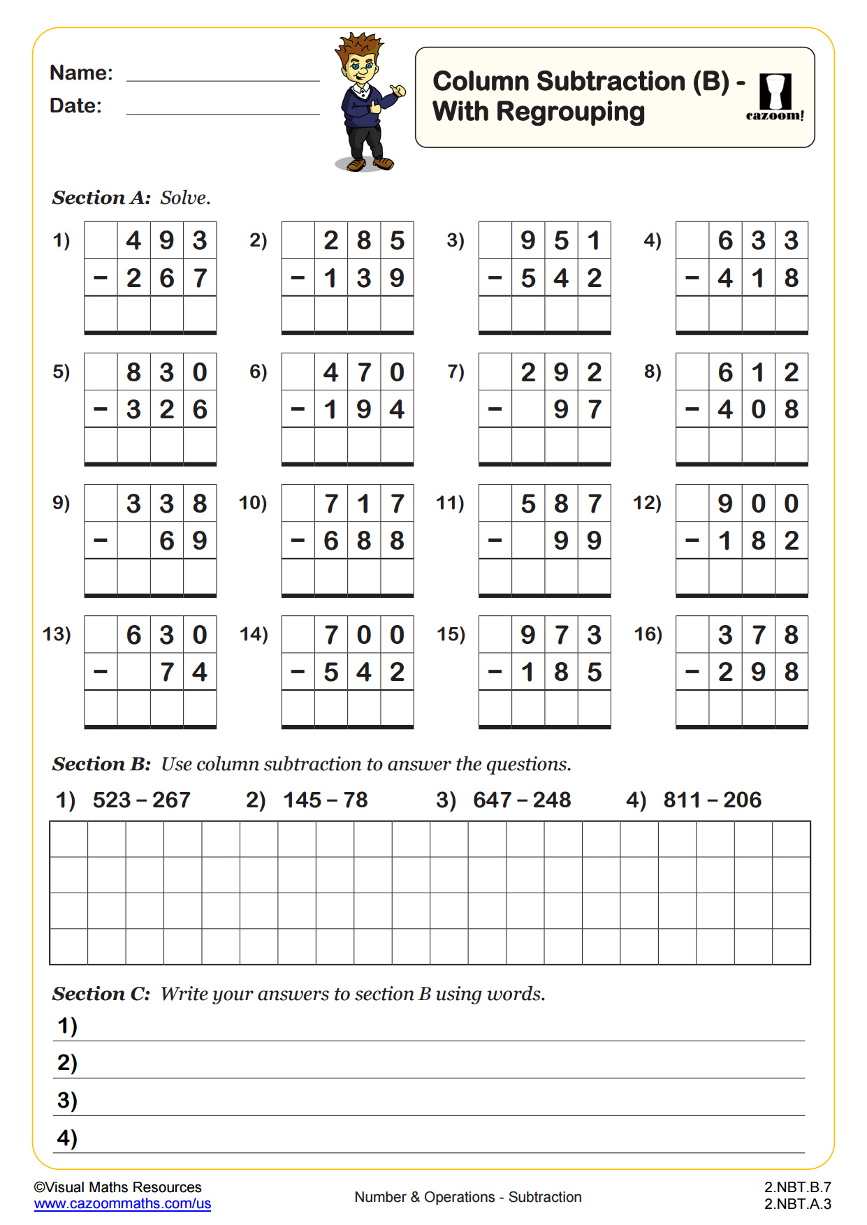 Column Subtraction (B) | 2nd Grade PDF Number and Operations Worksheets ...