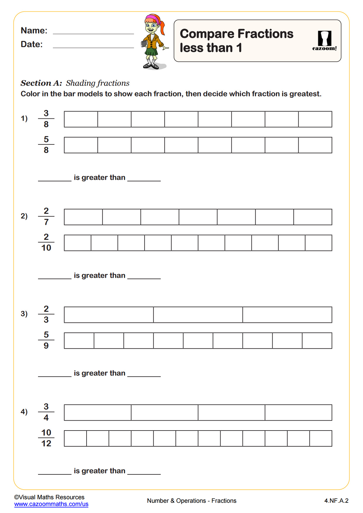 Compare Fractions Less Than 1 | PDF printable Number and Operations ...