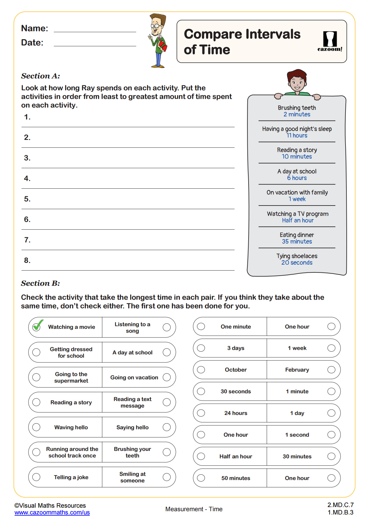 Compare Intervals of Time | PDF printable Measurement Worksheets