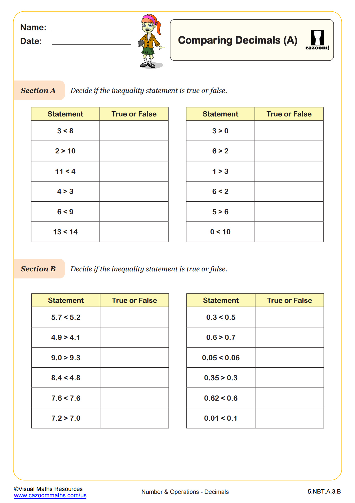 Comparing Decimlas (A) | PDF printable Number and Operations Worksheets