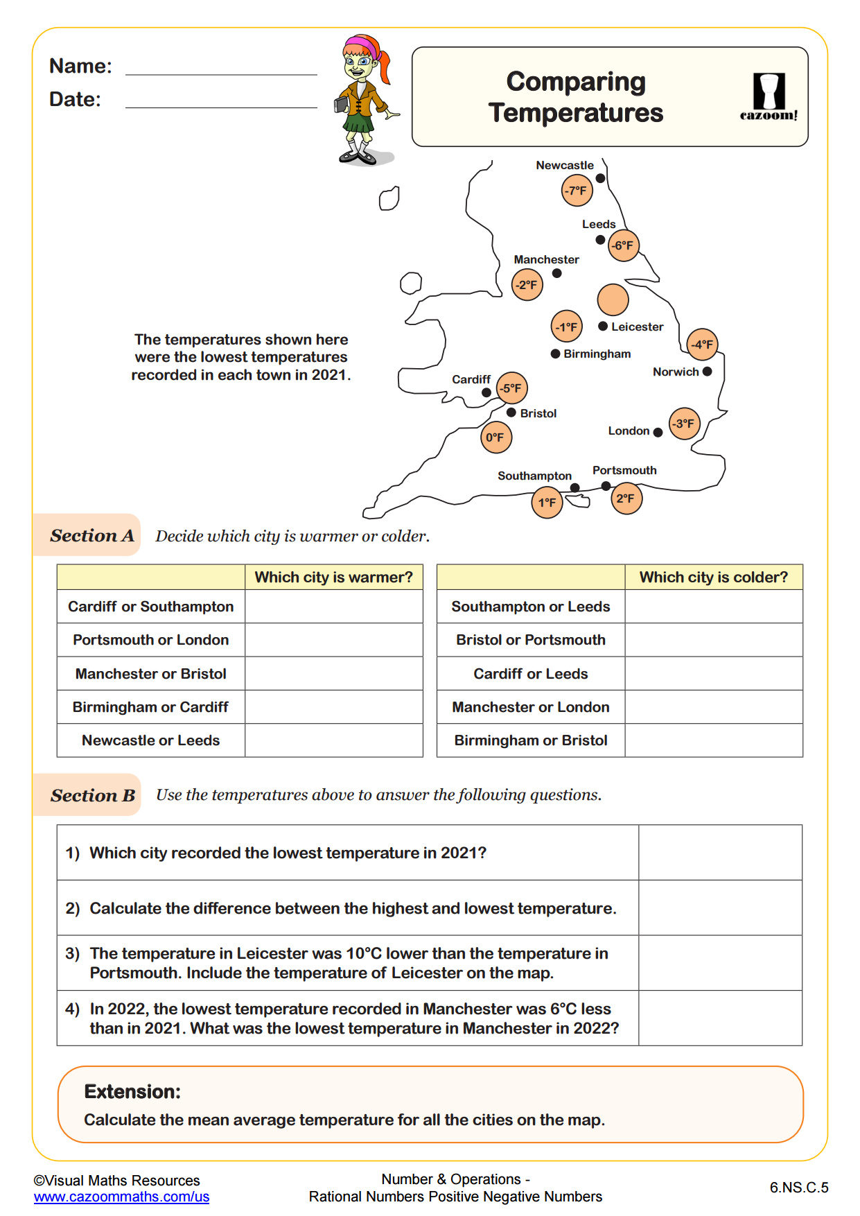 Comparing Temperatures | 6th Grade PDF Number and Operations Worksheets