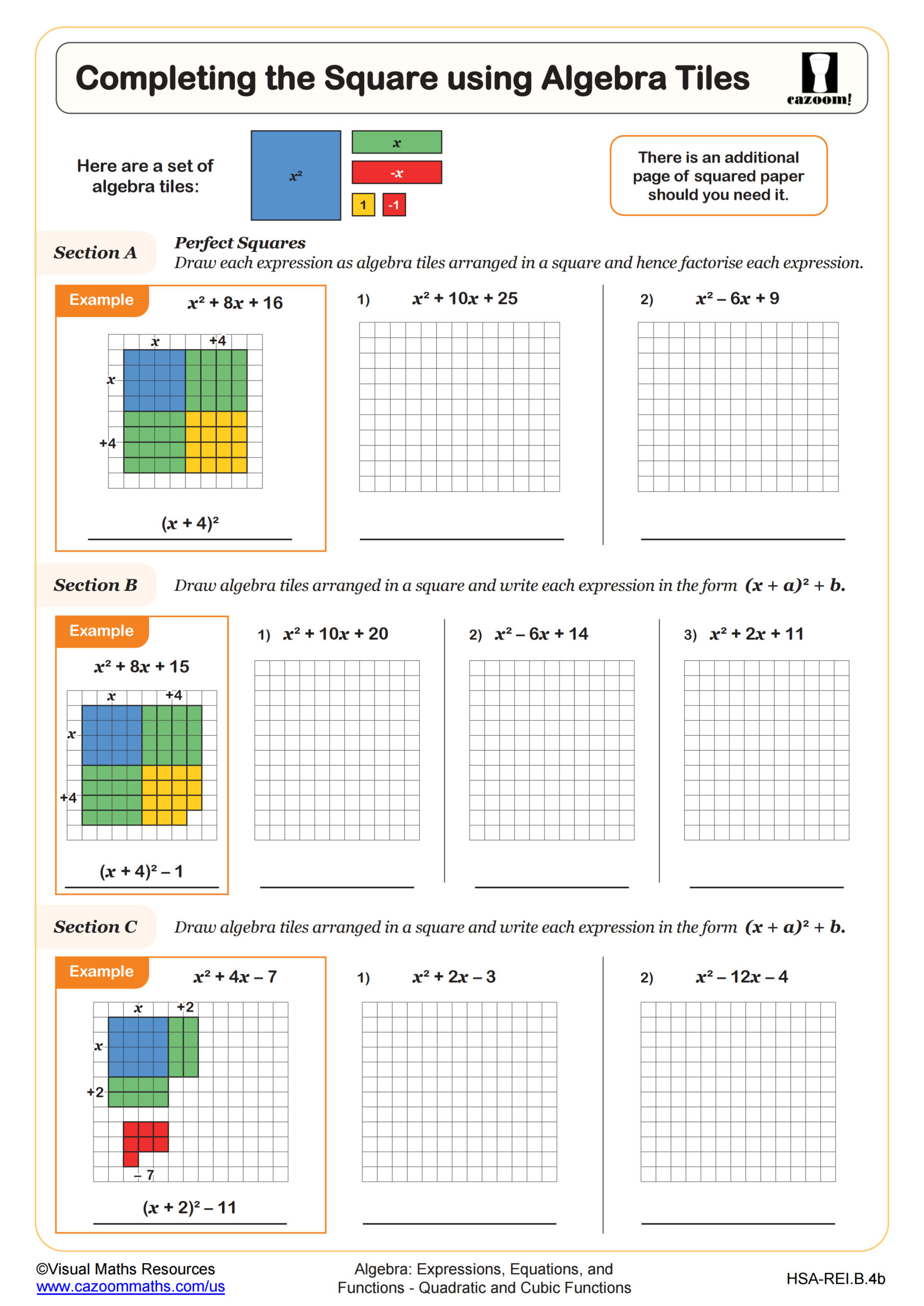 Completing the Square using Algebra Tiles Worksheet | PDF Printable ...