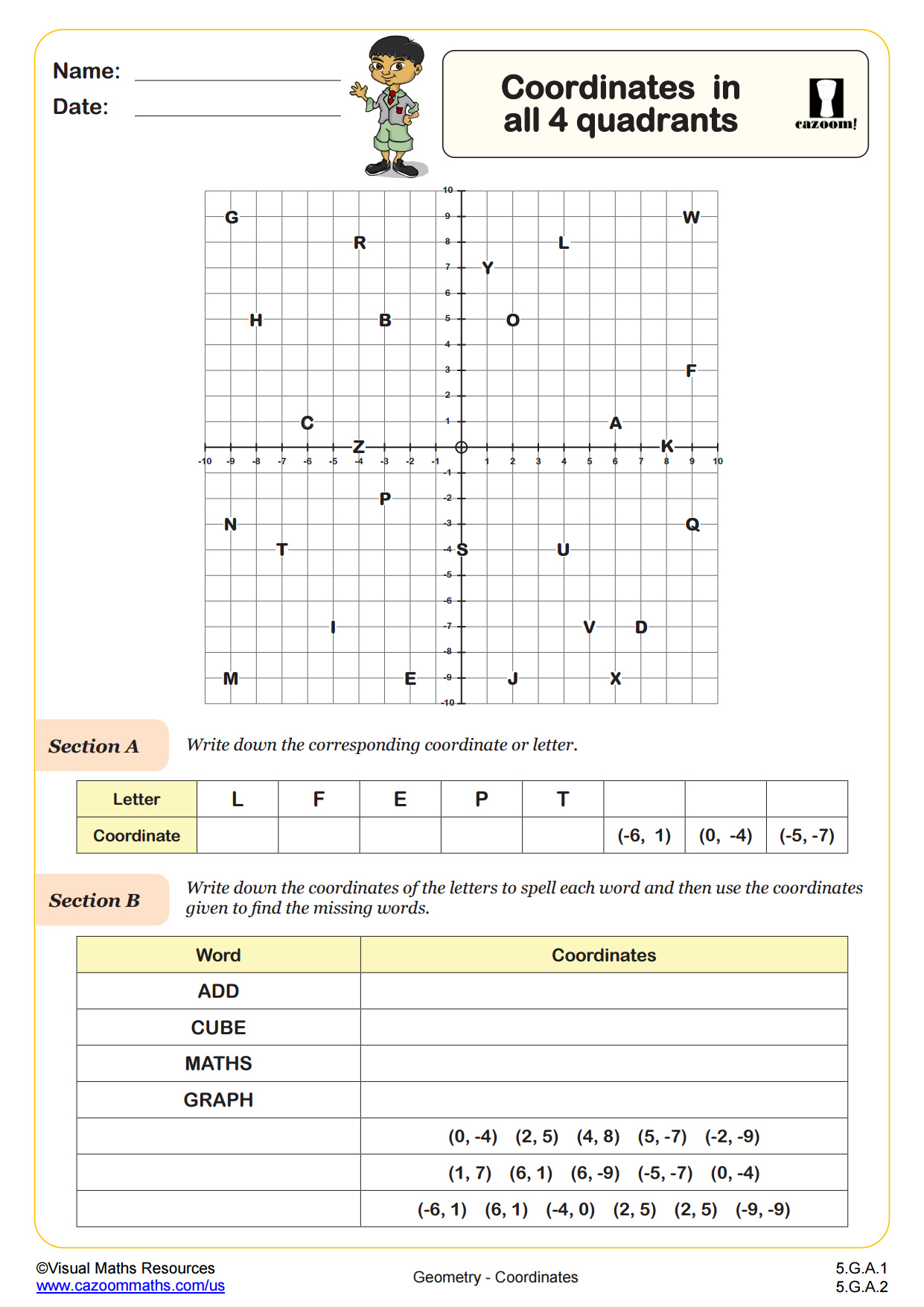Coordinates in all four quadrants | 5th Grade PDF Geometry Worksheets ...