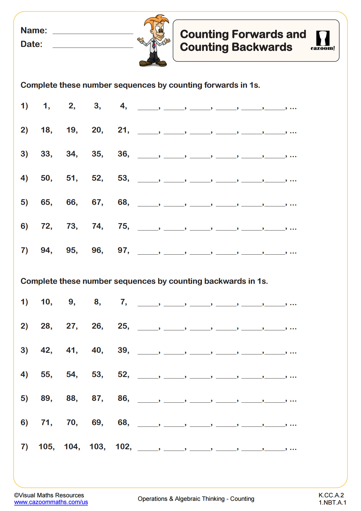 Counting Forwards and Counting Backwards | PDF printable Operations and ...