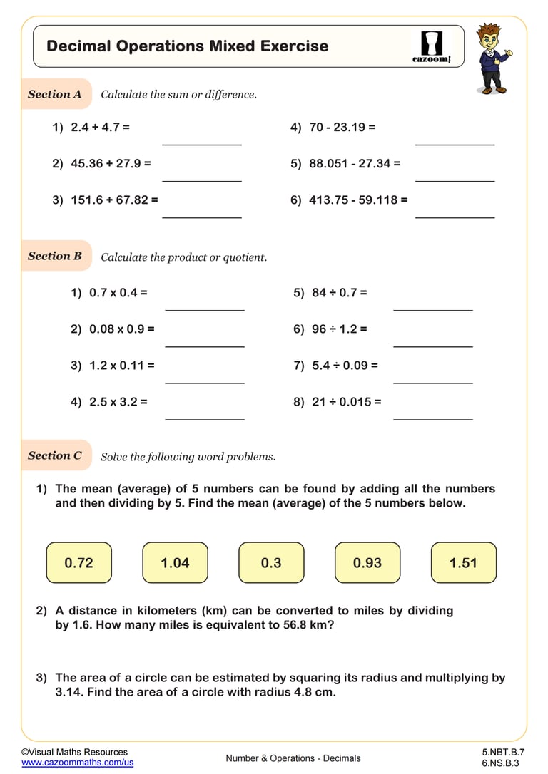 Decimal Operations Mixed Practice Worksheet | PDF Printable Number ...