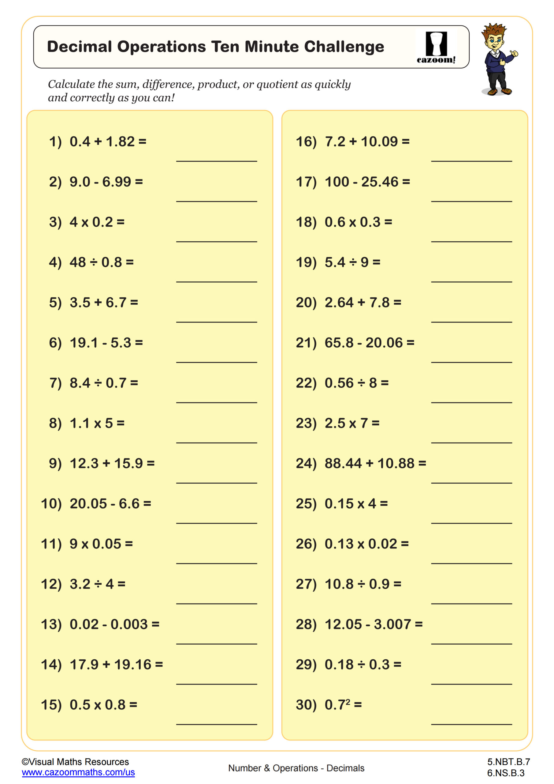 6th Grade Decimals Worksheets | PDF Printable Worksheets | Cazoom Math