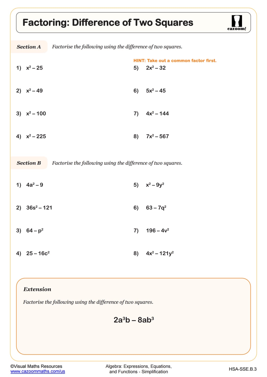 Factoring: Difference of Two Squares Worksheet | Algebra I PDF Worksheets