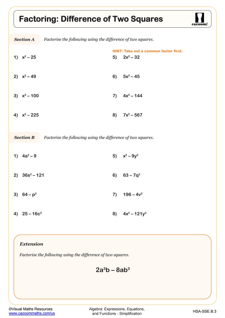 Factoring: Difference of Two Squares Worksheet | Algebra I PDF Worksheets