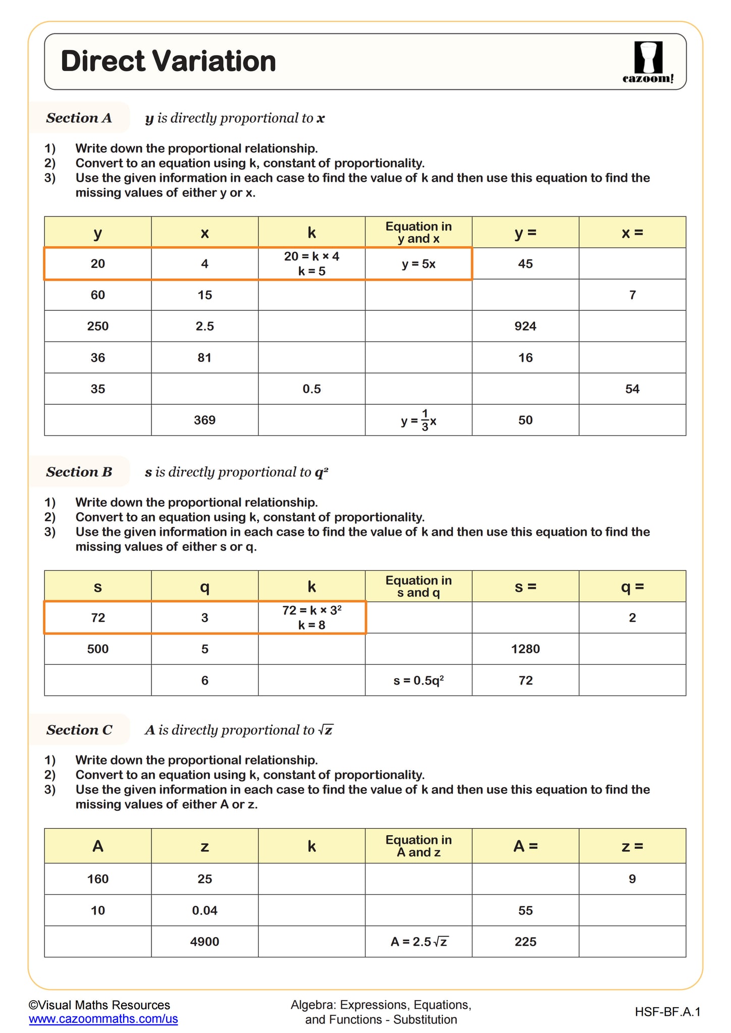 Direct Variation Worksheet | PDF Printable Algebra Worksheet
