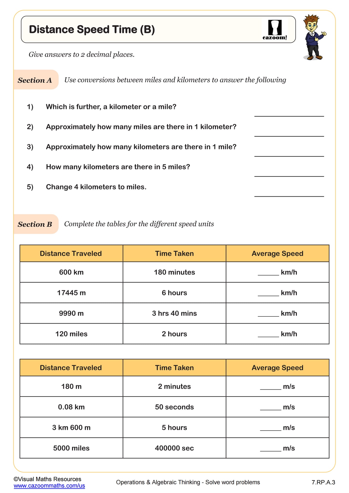 Distance, Speed, and Time (A) Worksheet | 7th Grade PDF Worksheets