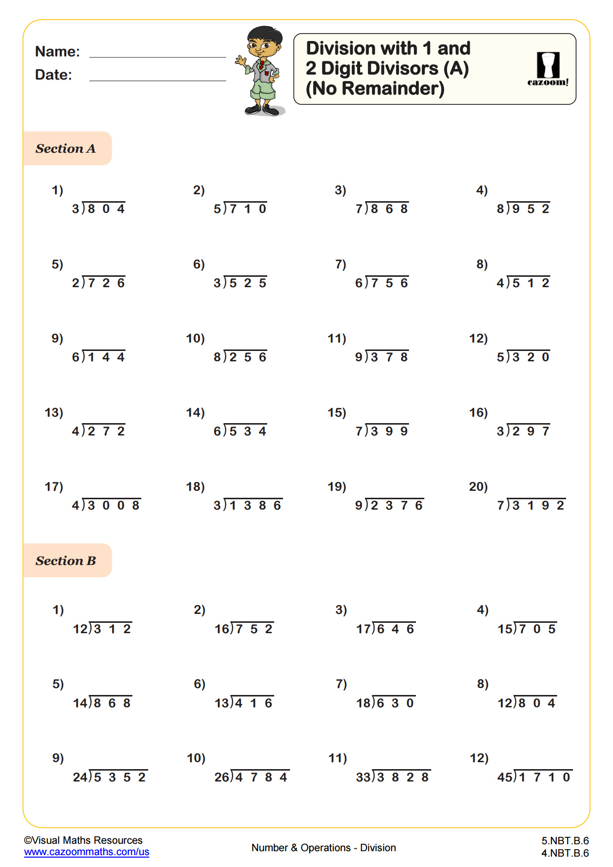 Division A (No Remainders) | PDF printable Number and Operations Worksheets