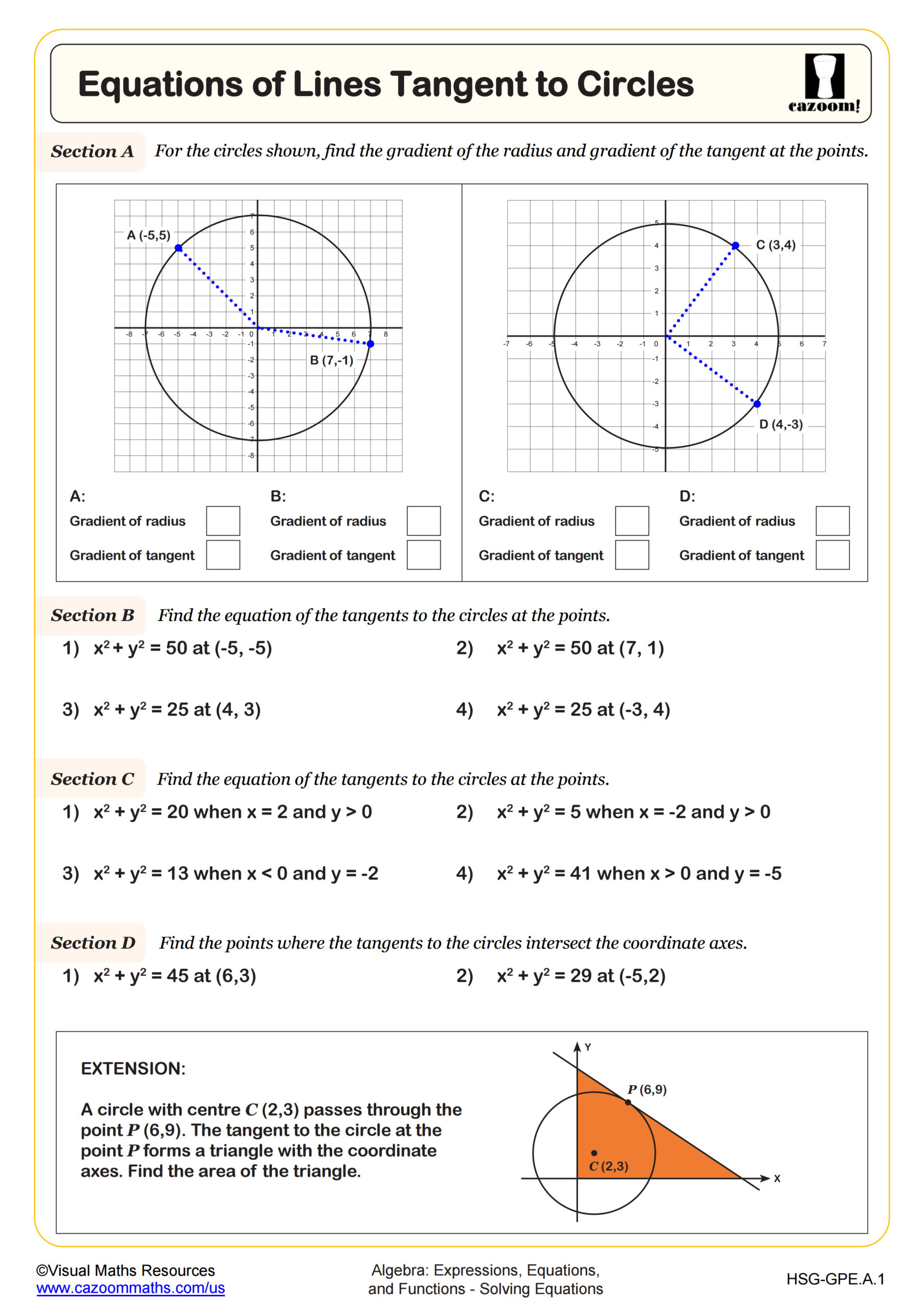 Equations of Lines Tangent to Circles Worksheet | PDF Printable Algebra ...