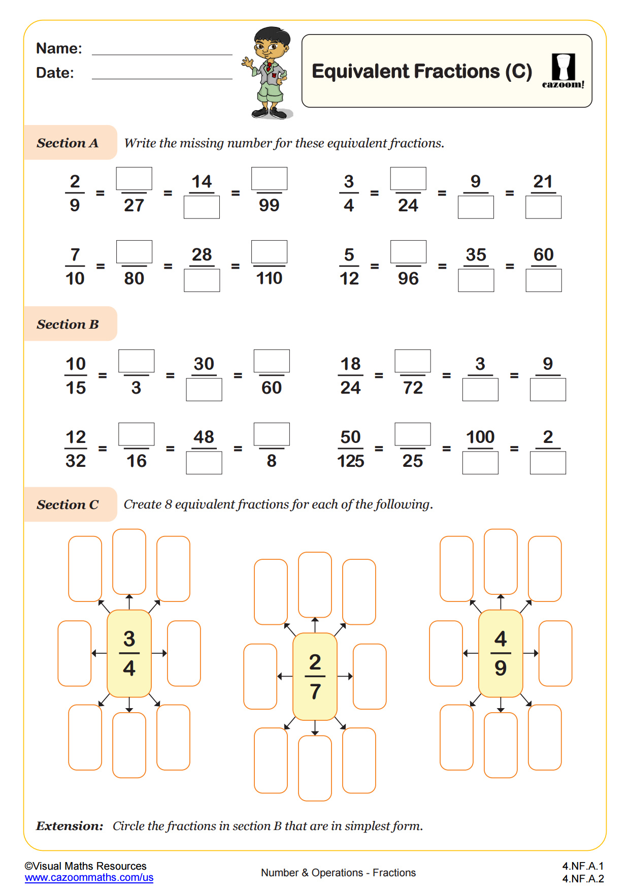 Equivalent Fractions (C) | 4th Grade PDF Number and Operations ...