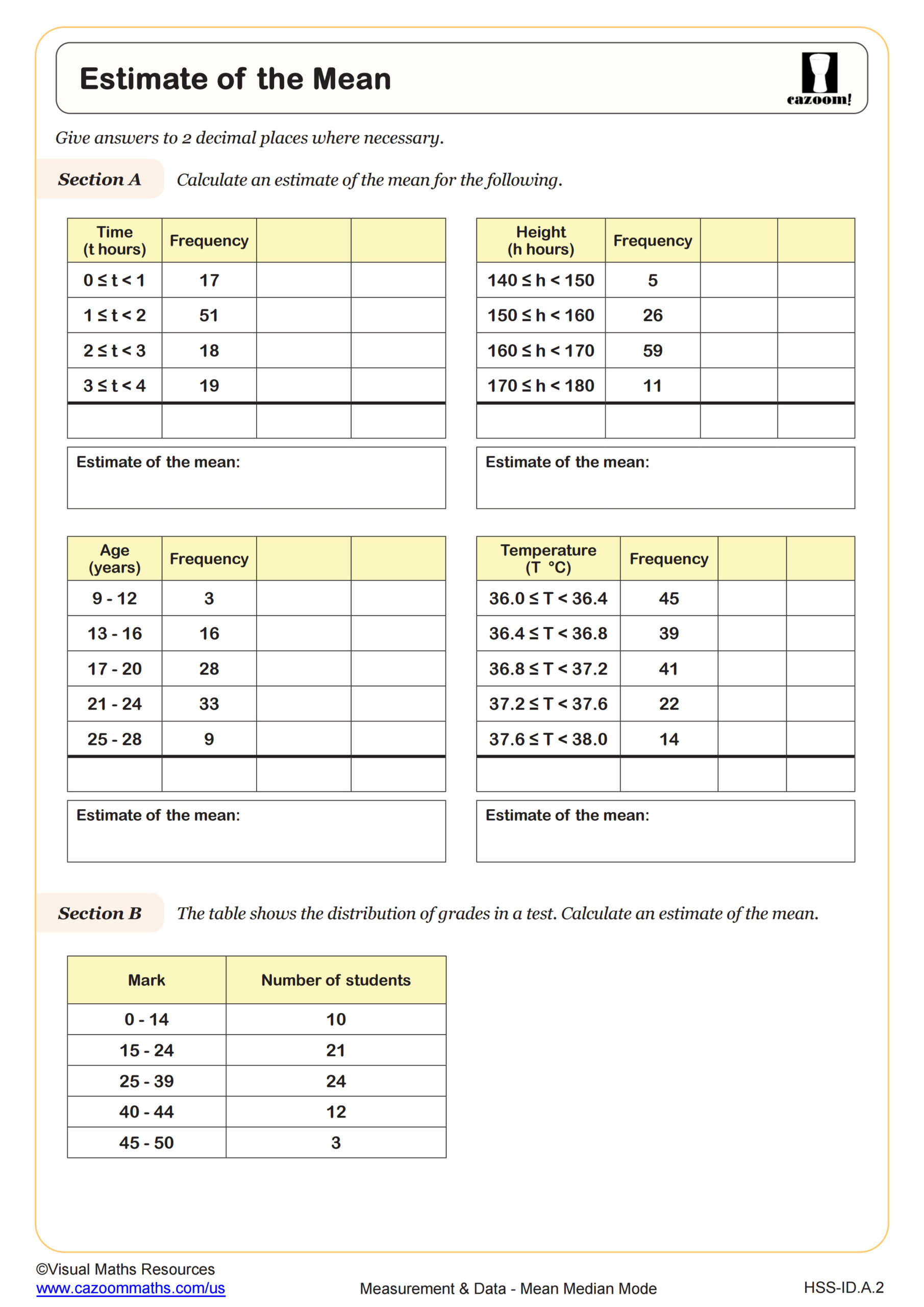 Estimating the Mean Worksheet | PDF Printable Measurement & Data ...