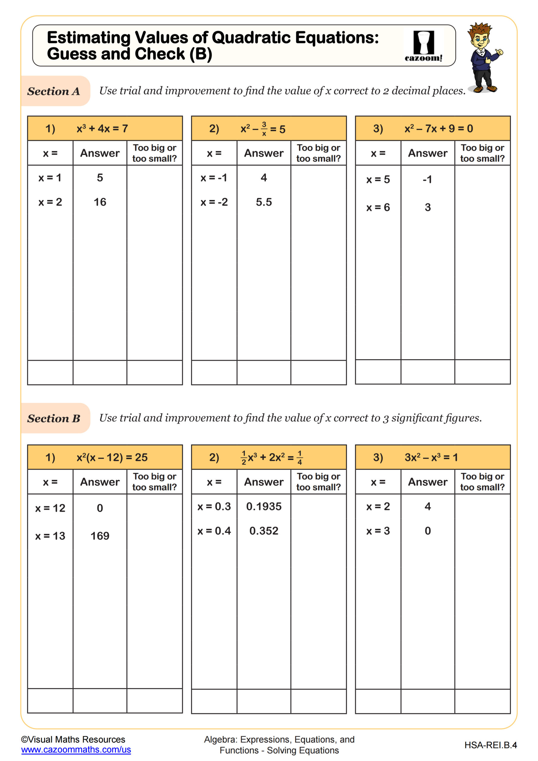 Estimating Values of Quadratic Equations: Guess and Check (B) Worksheet ...