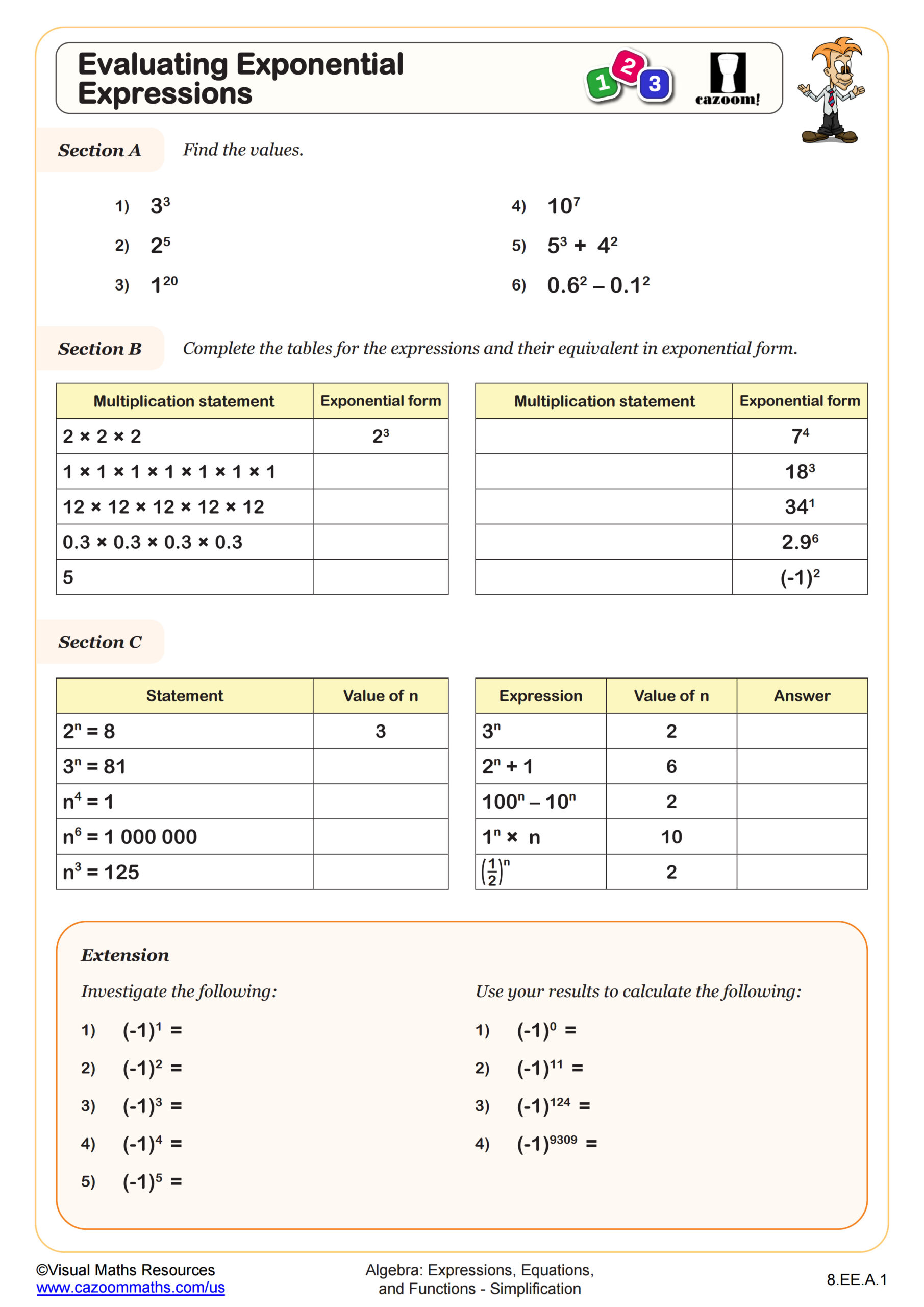 Evaluating Exponential Expressions Worksheet | PDF Printable Algebra ...