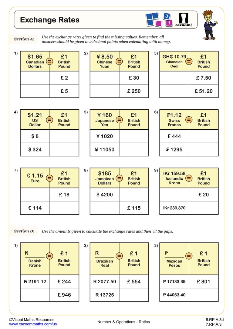 Exchange Rates Worksheet | PDF Printable Number & Operations Worksheet