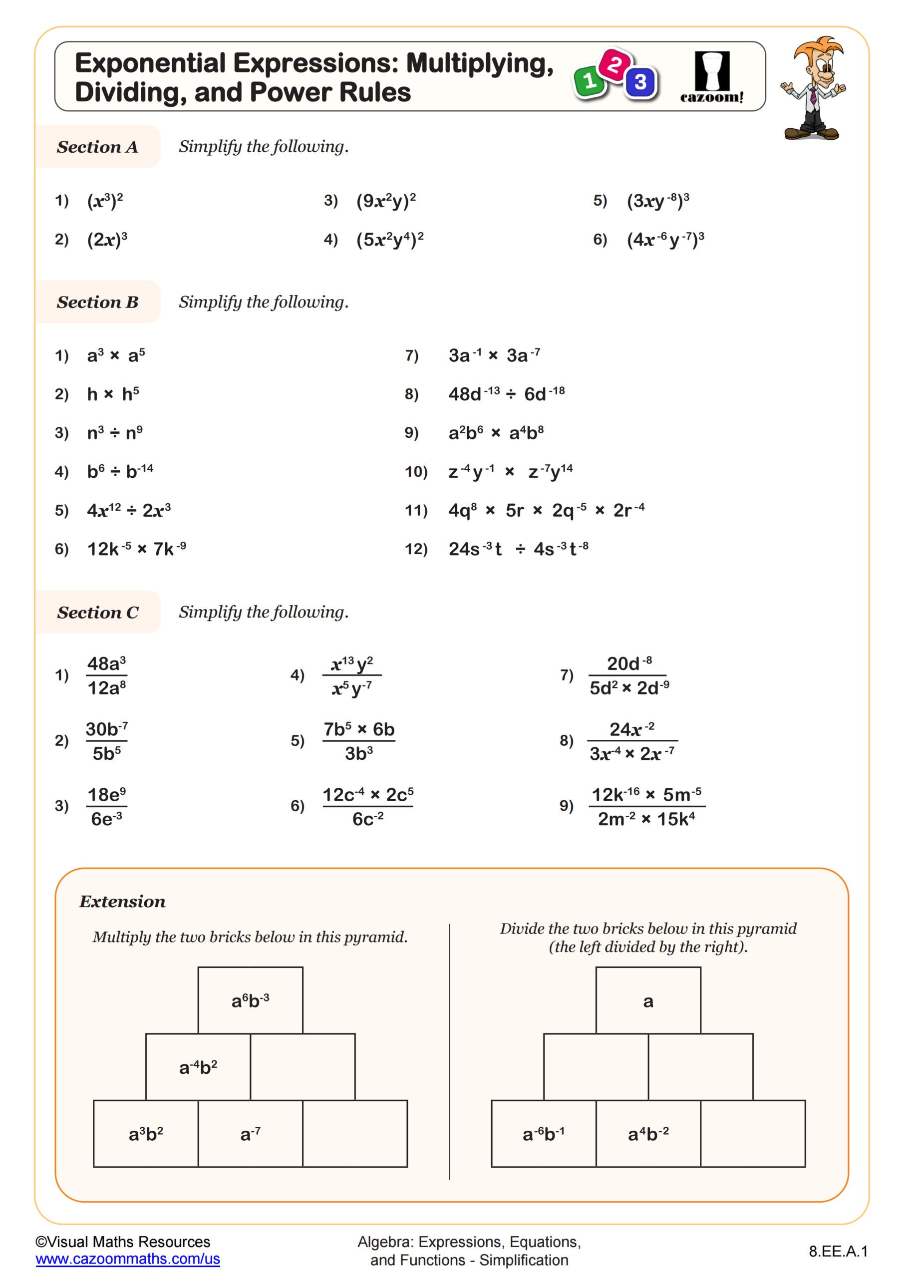 Exponential Expressions: Multiplying and Dividing Pyramids Worksheet ...