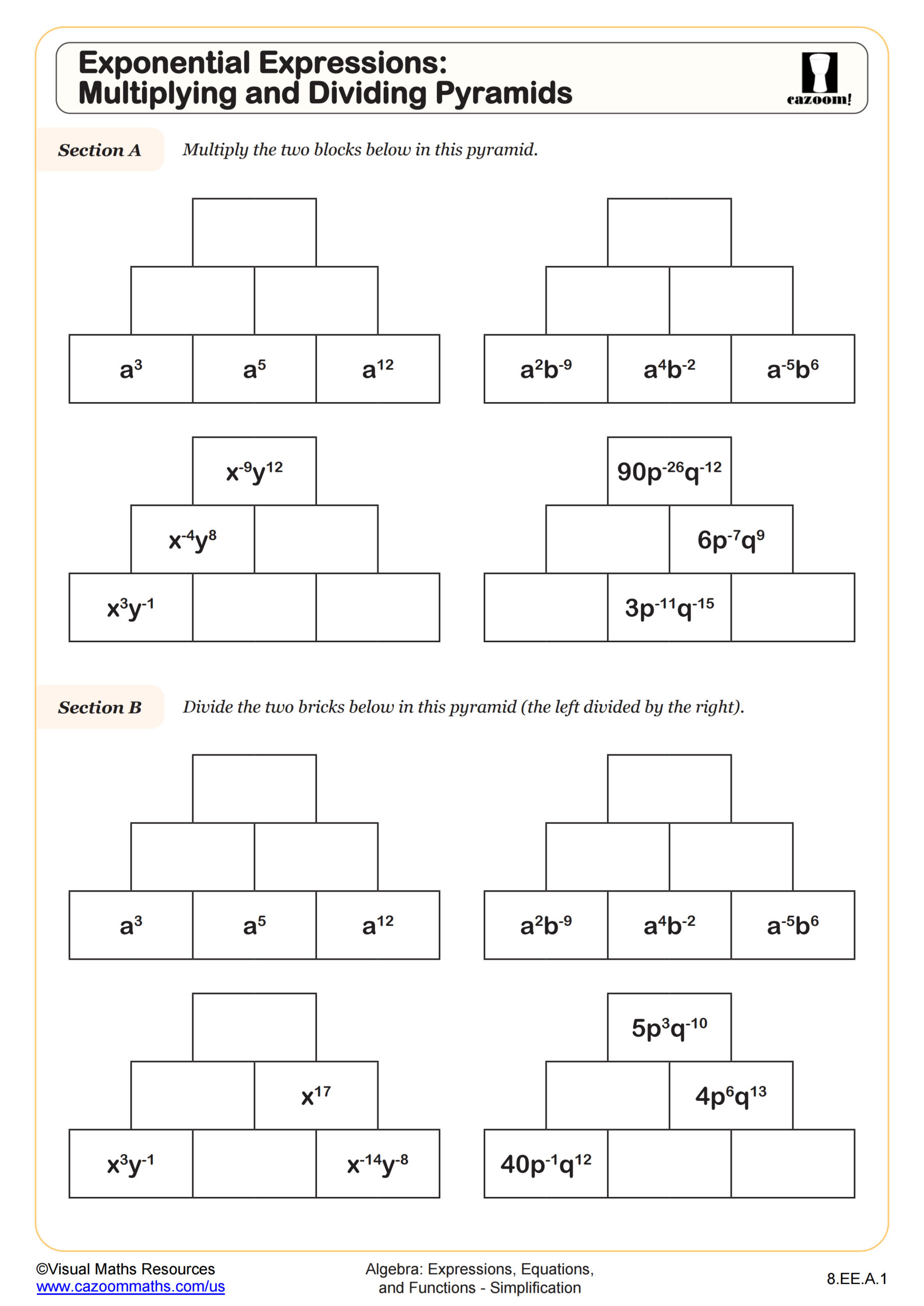 Exponential Expressions: Multiplying and Dividing Pyramids Worksheet ...