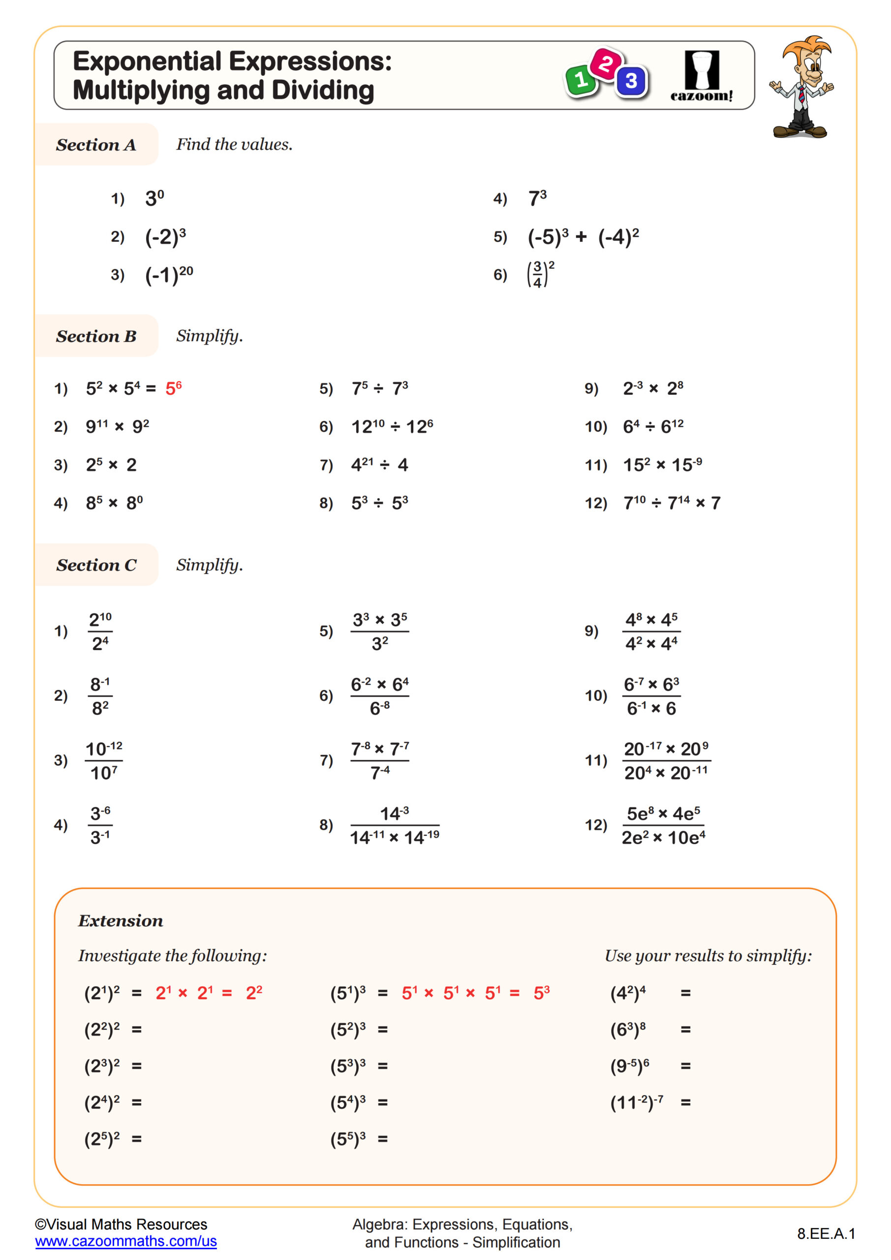 Exponential Expressions: Multiplying and Dividing Worksheet | Fun and Engaging 8th Grade PDF ...