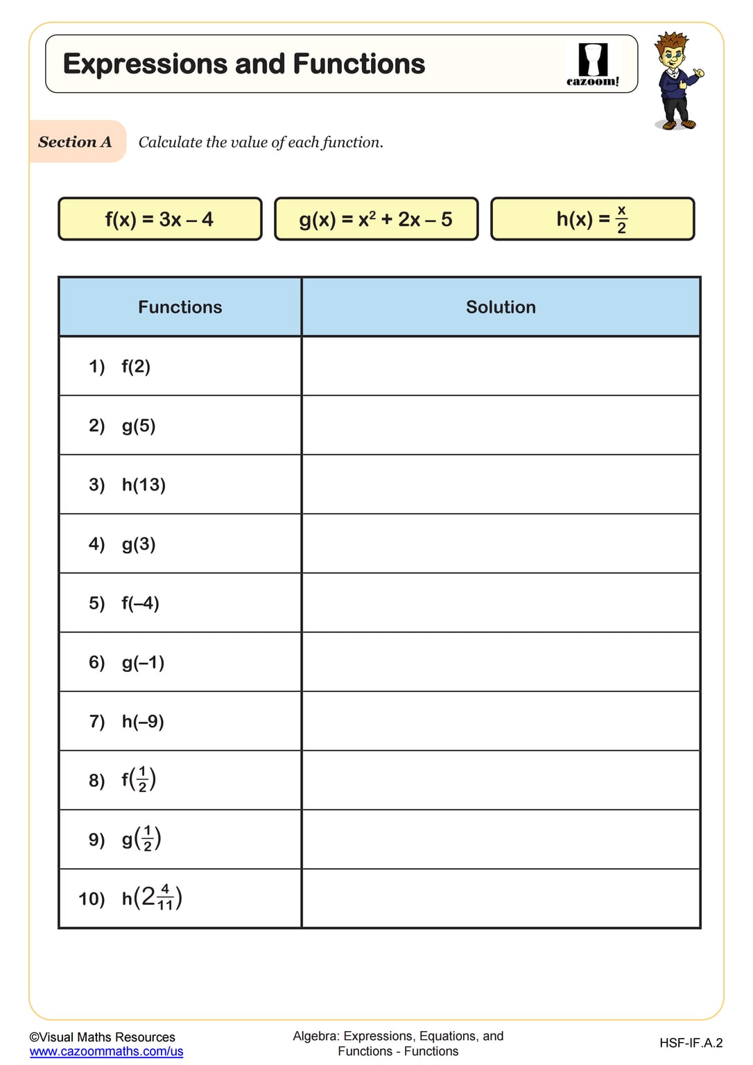 Expressions and Functions Worksheet | Algebra I PDF Worksheets